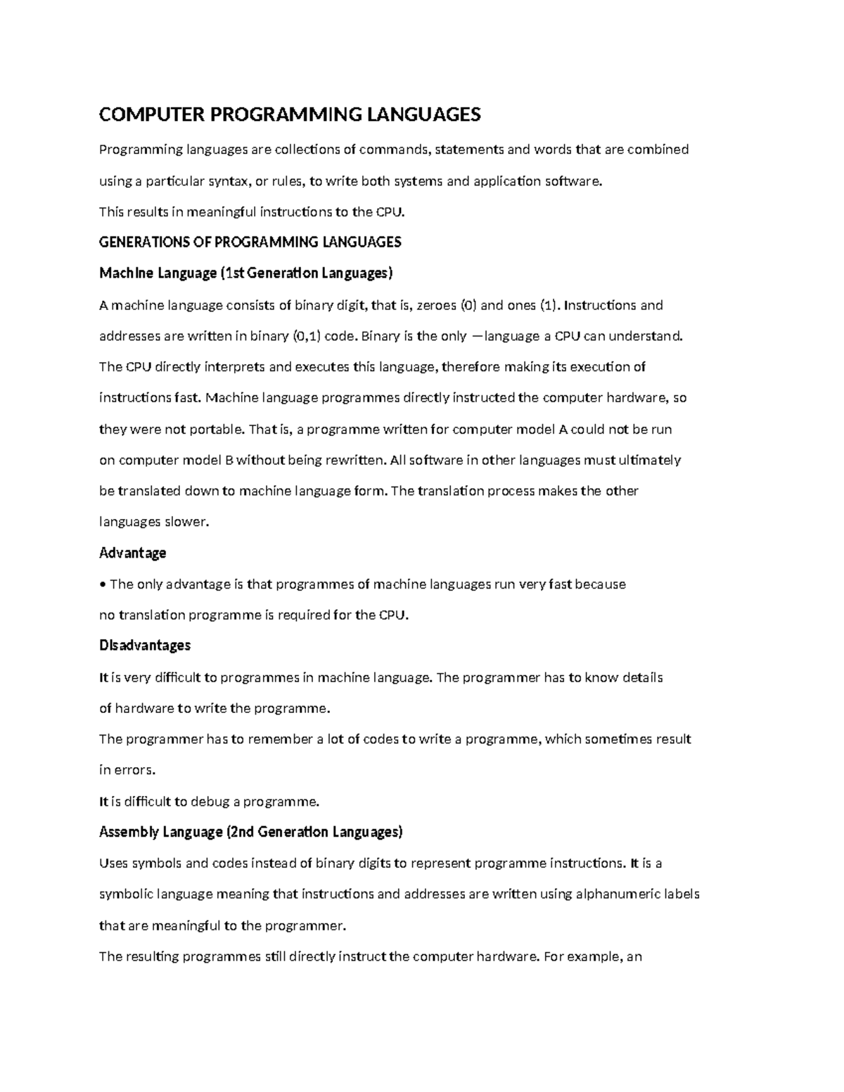 Computer Programming Languages Computer Programming Languages