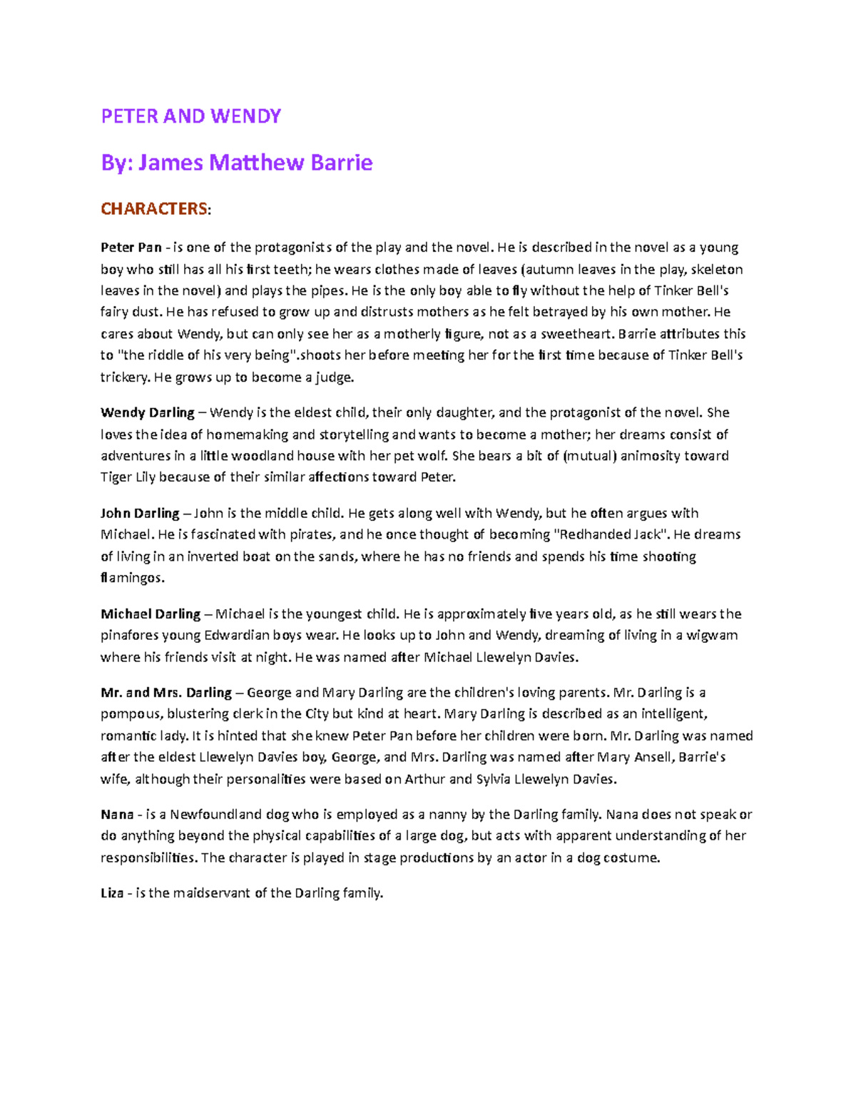 Peter PAN AND Wendy - Just for fun - PETER AND WENDY By: James Matthew ...