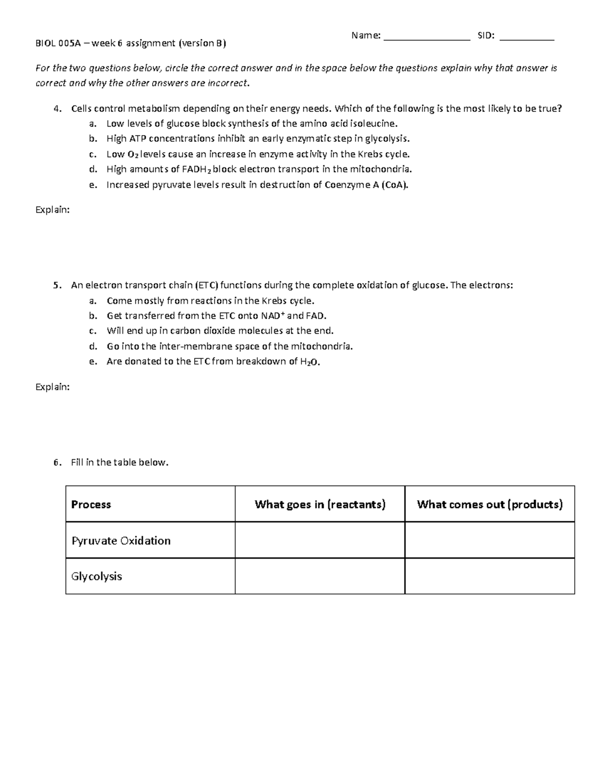 Bio 5A Week 6 Assignment - Version B - BIOL 005A – week 6 assignment ...