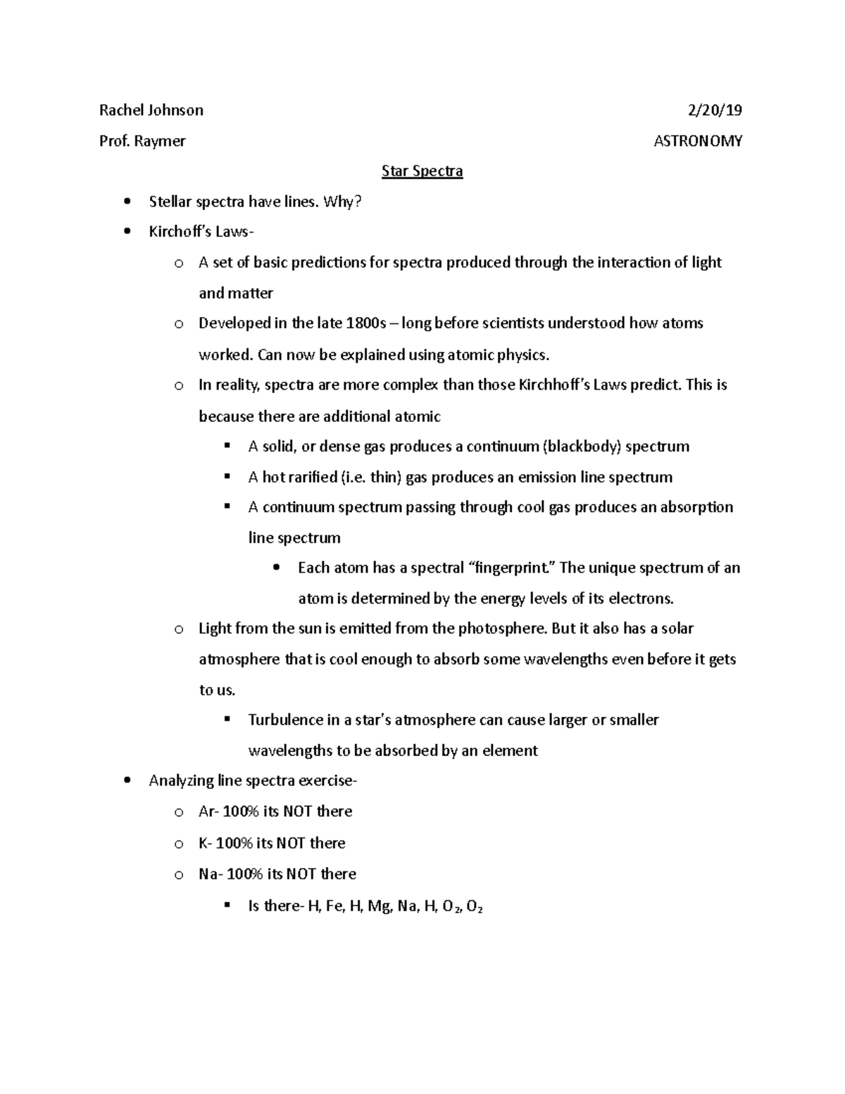 Astronomy 2/20/19- Star Spectra - Rachel Johnson 2/20/ Prof. Raymer ...