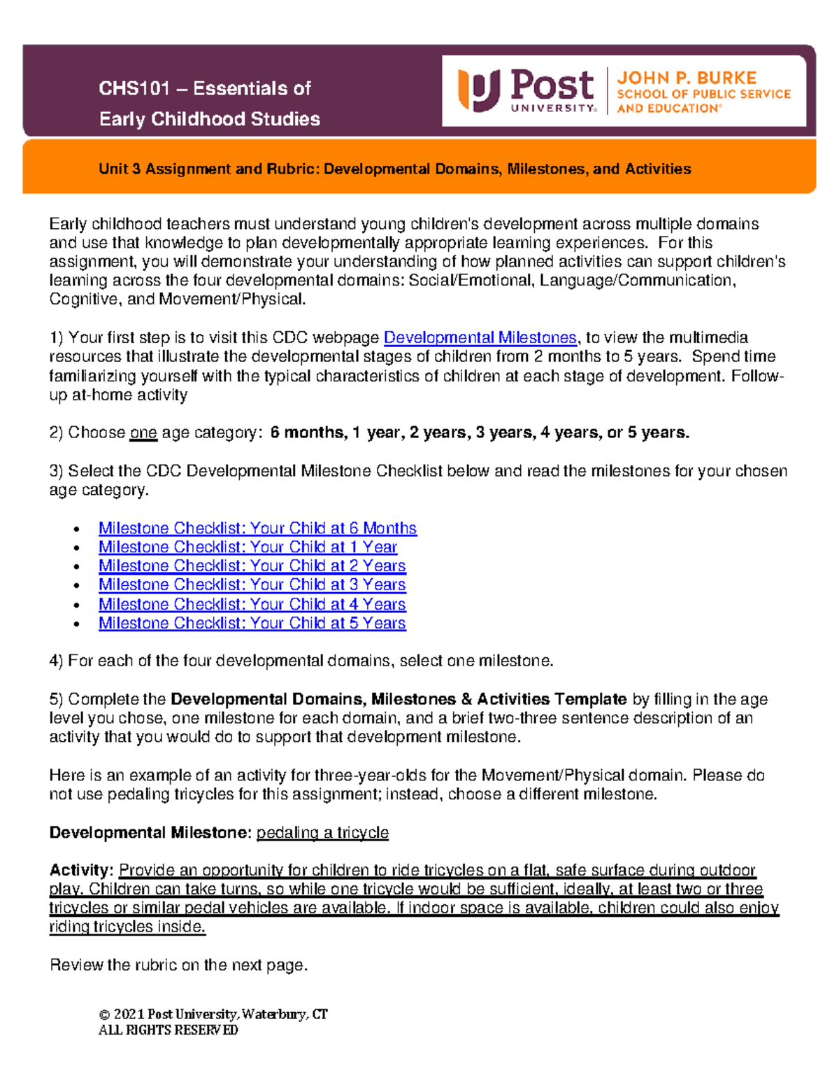 3Assignment and Rubric Developmental Domains Milestones and Activities ...