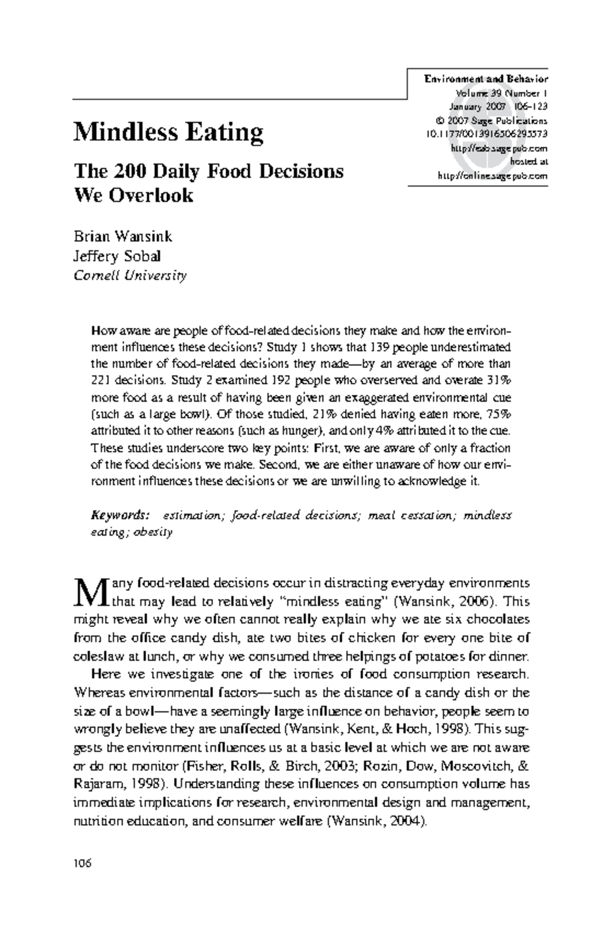 Wansink sobal 2007 mindless eating the 200 daily food decisions we ...
