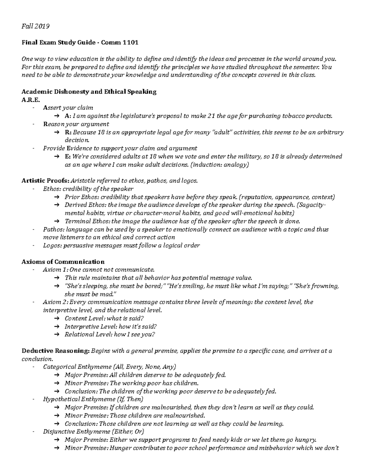 COMM 1101 Final Exam Study Guide - Fall 2019 Final Exam Study Guide ...