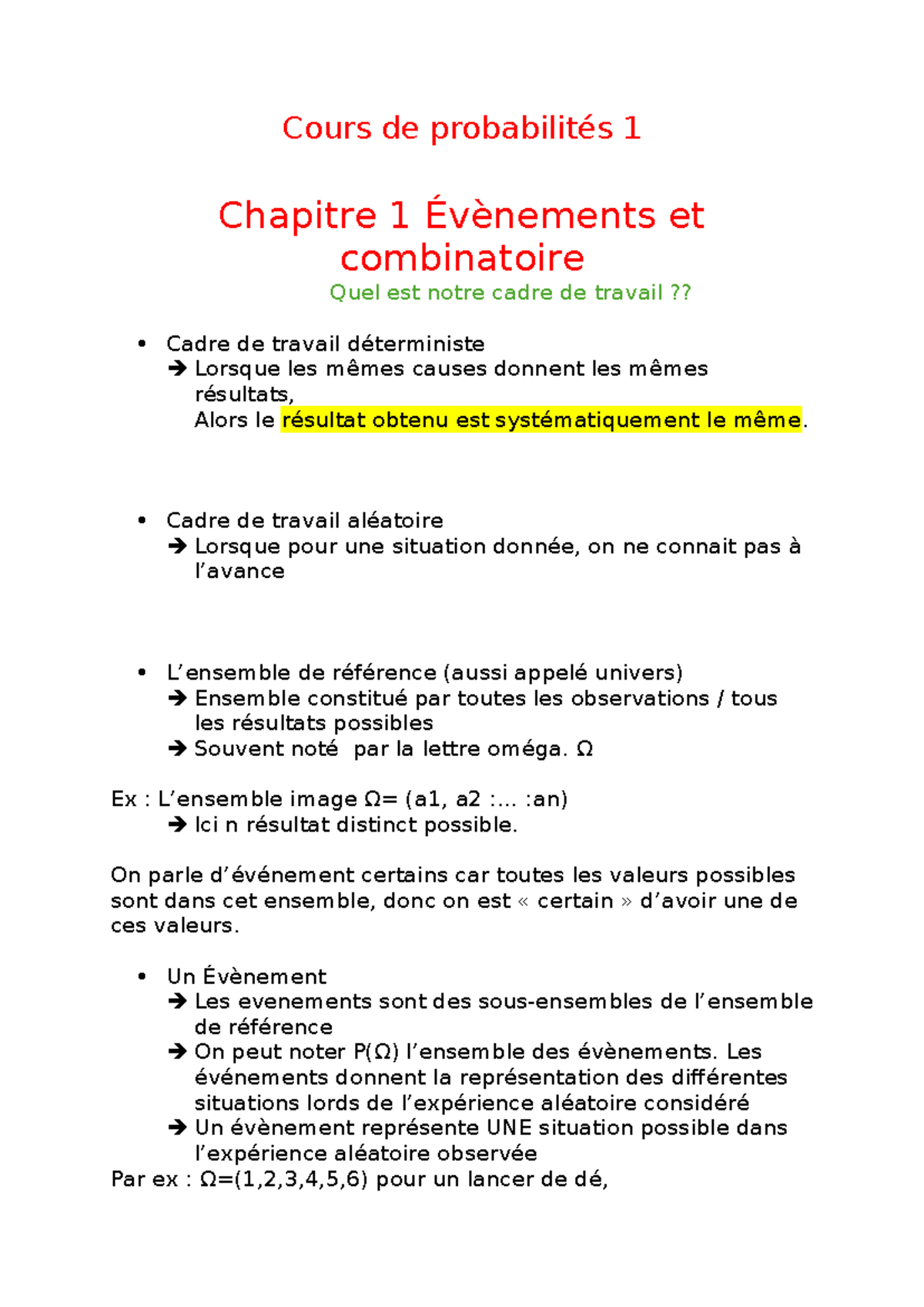 Note Proba de base - Cours de probabilités 1 Chapitre 1 Évènements et ...