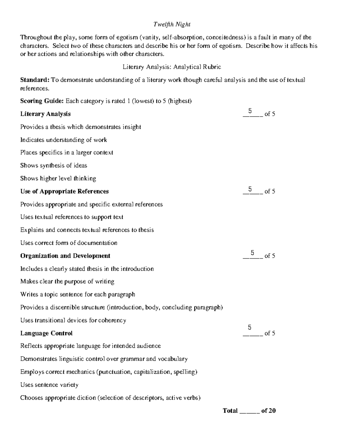 Twelfth Night (4) with Literary Analysis Rubric - Twelfth Night ...