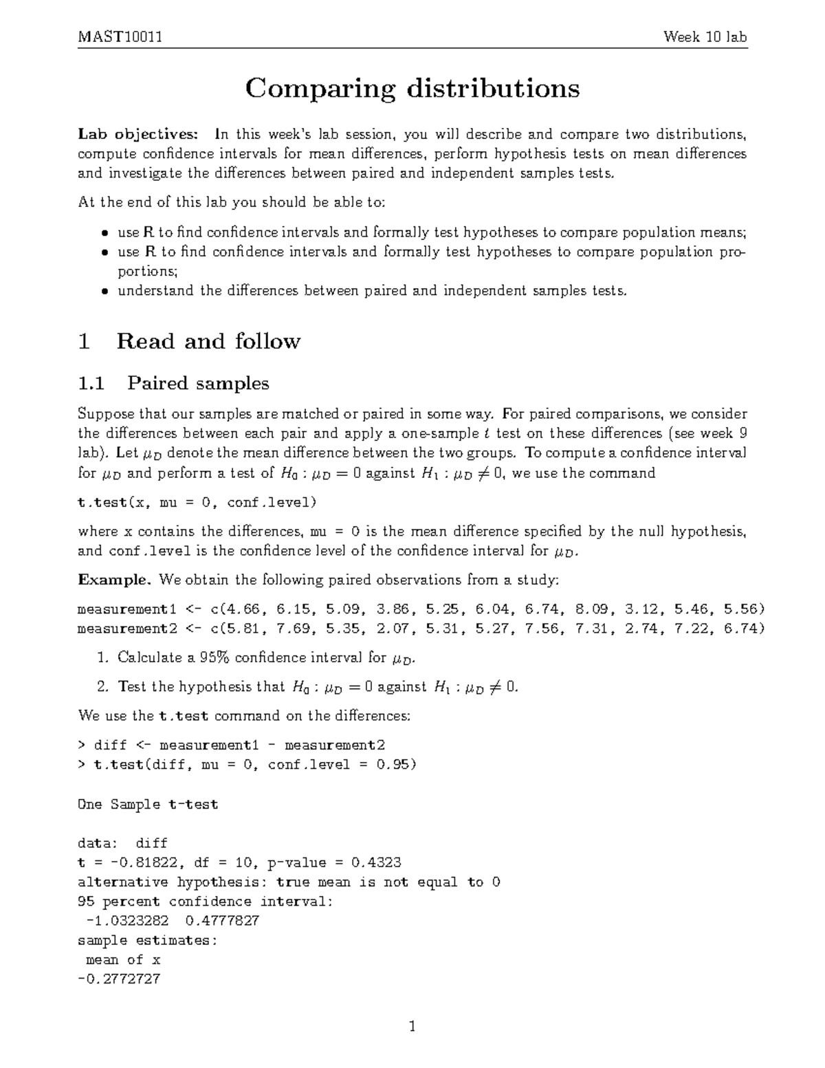 Lab wk10 - Experimental Design and Data Analysis Computer Lab Week 10 - Comparing distributions ...