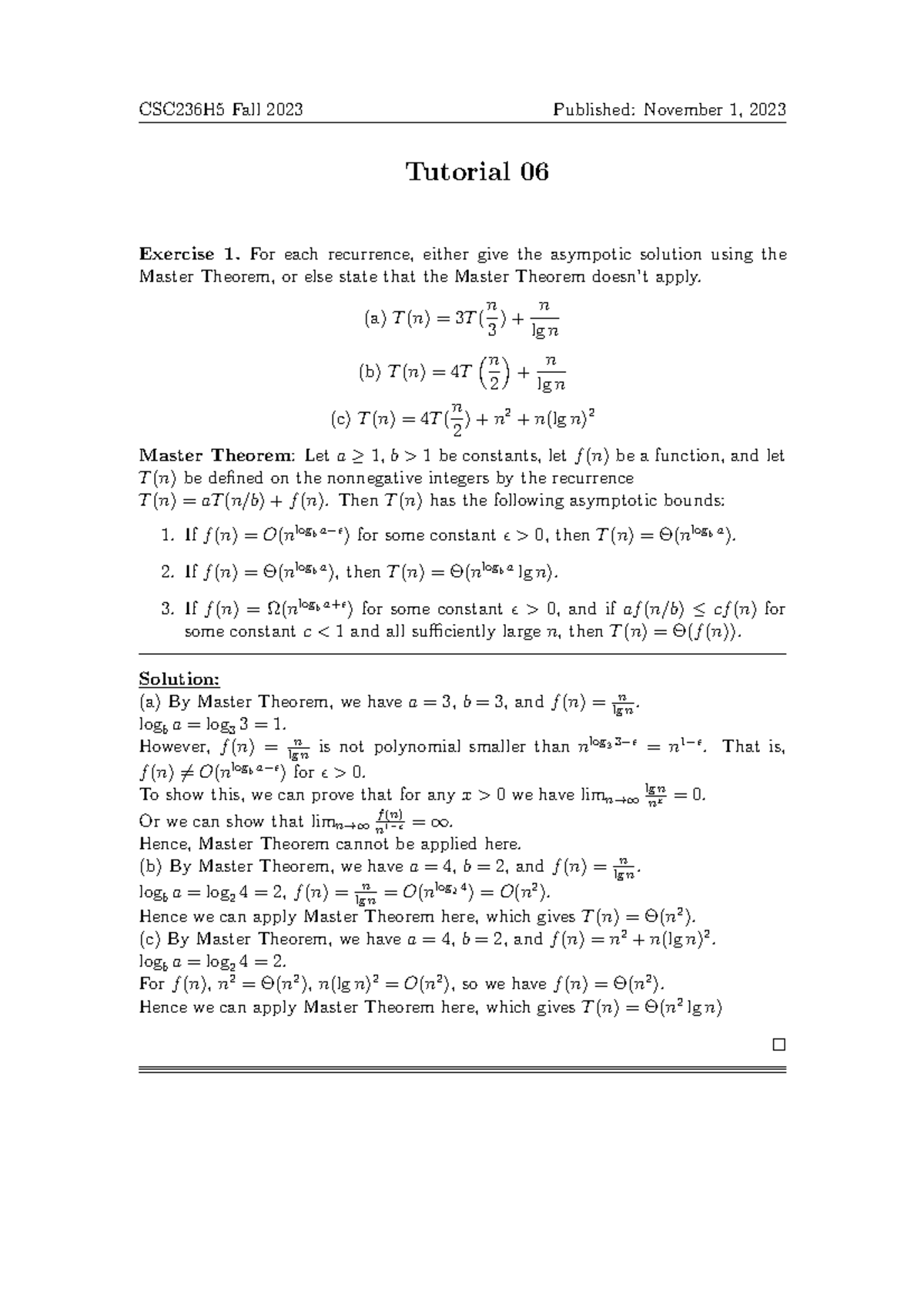 TUT06 - Tutorial of Professor Ahmed Umer Ashraf in Fall 2023 - Tutorial 06 Exercise 1. For each ...
