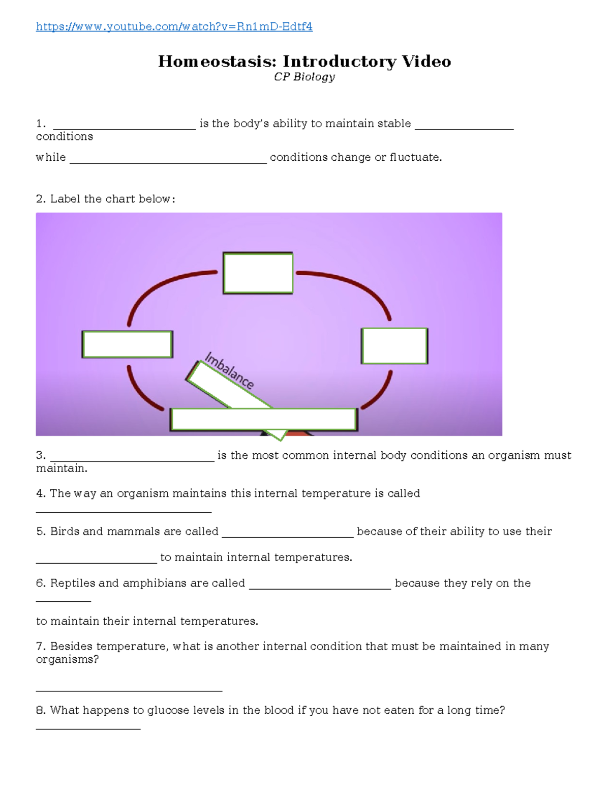 Homeostasis I Intro Video and Fill In Notes - youtube/watch?v=Rn1mD ...