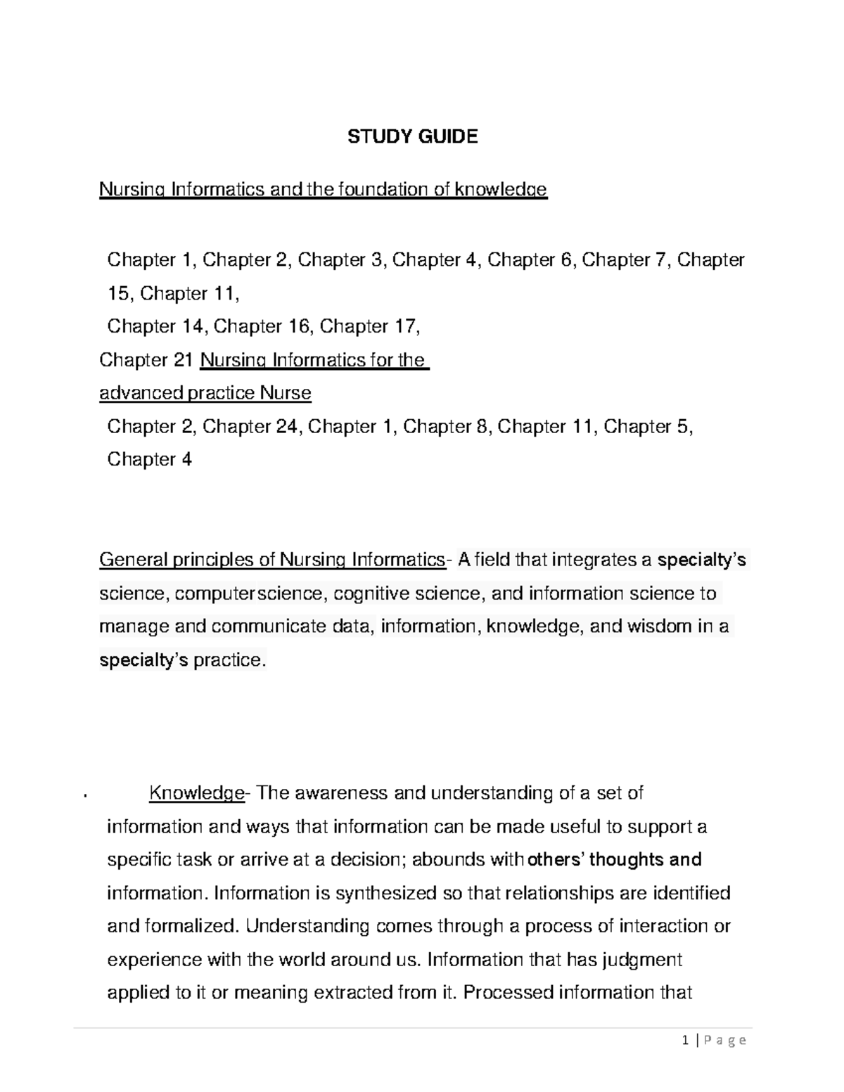 Study Guide Informatics Midterm - STUDY GUIDE Nursing Informatics and the foundation of ...