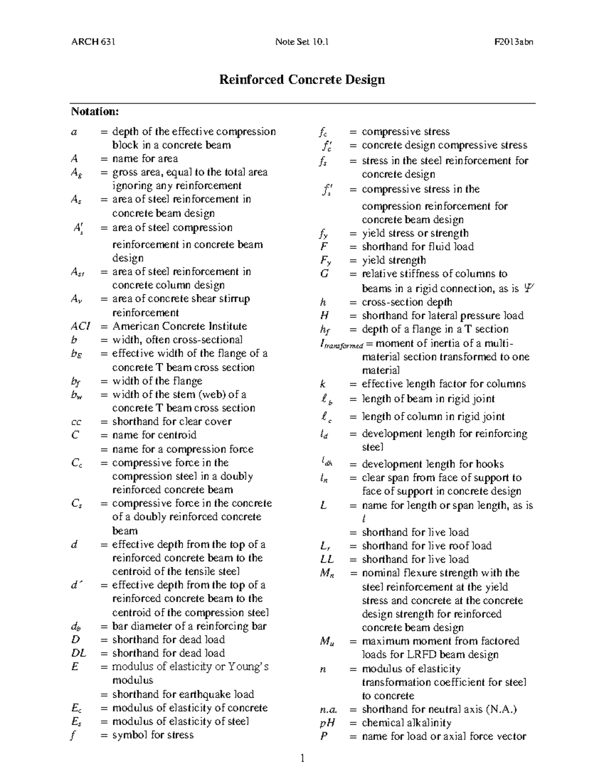 Formula - Reinforced Concrete Design Notation: a = depth of the ...