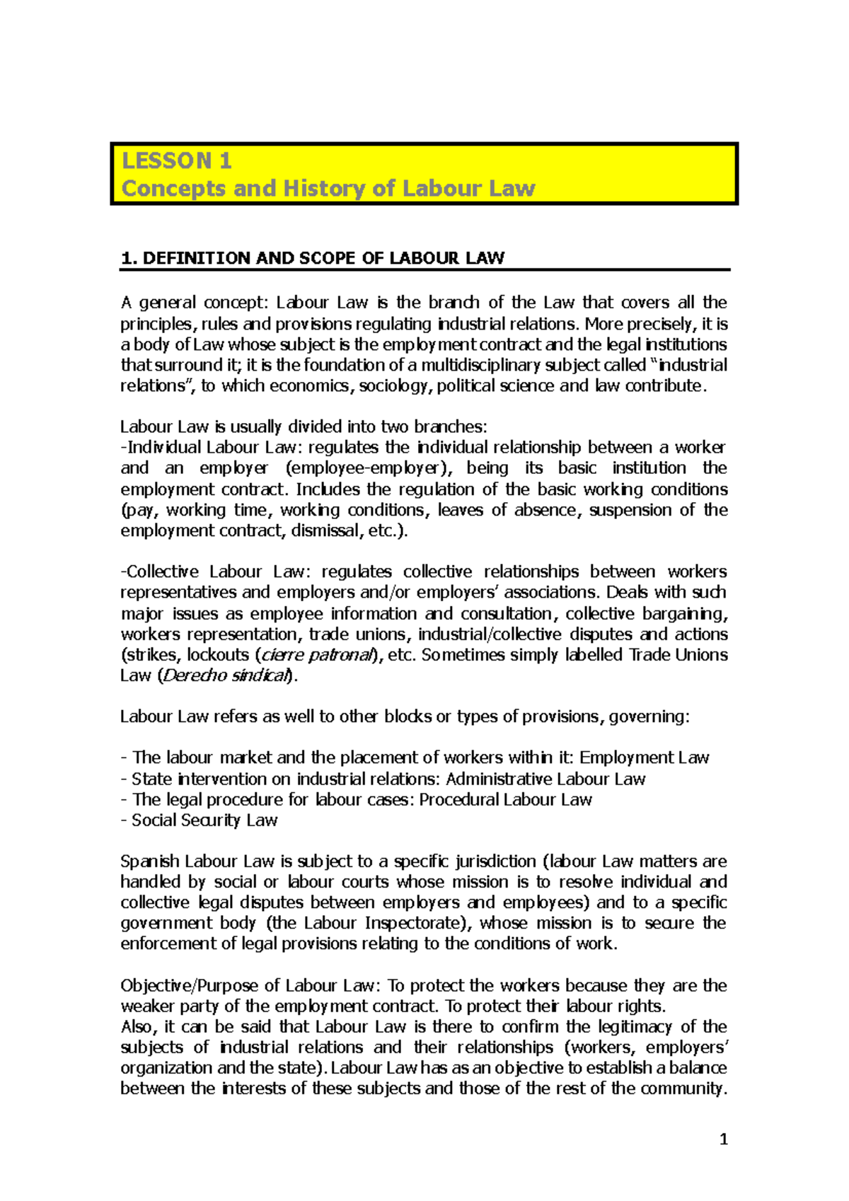 Apuntes completos - LESSON 1 Concepts and History of Labour Law 1 ...