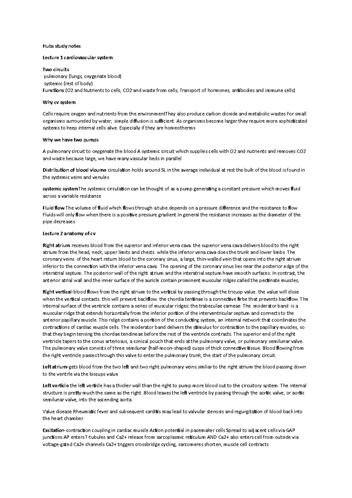 Hubs study notes - Hubs study notes Lecture 1 cardiovascular system Two ...