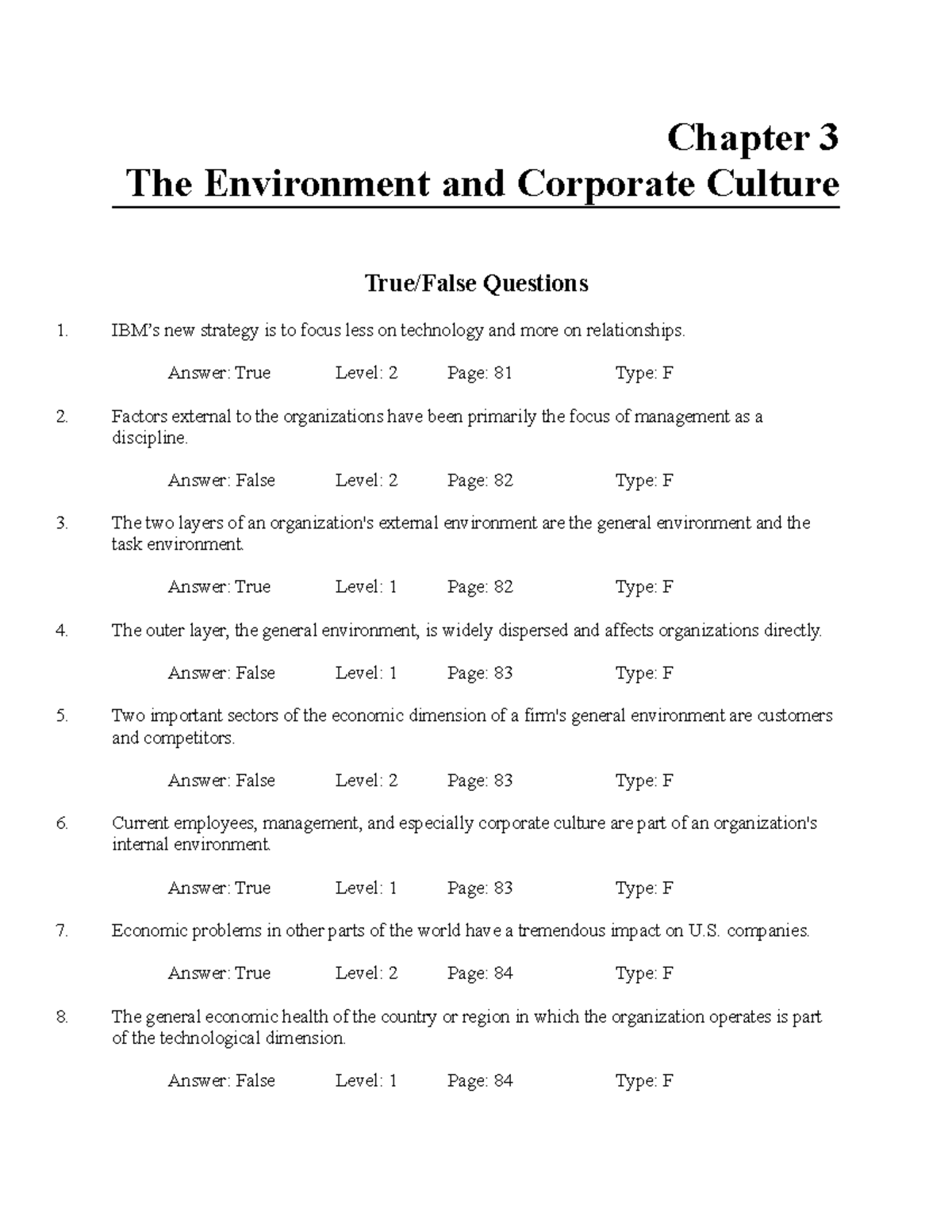 Manament chapter 3 true,false - Chapter 3 The Environment and Corporate Culture True/False ...