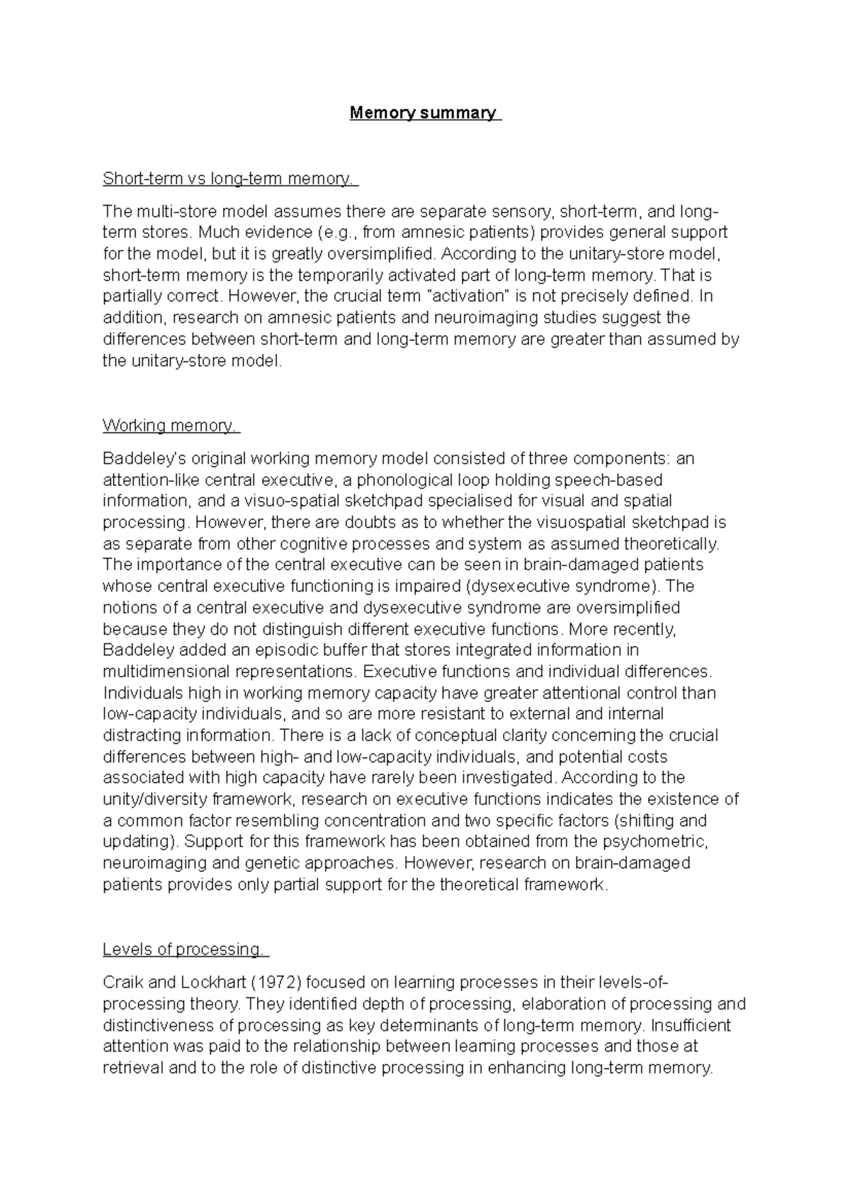Memory summary - Memory summary Short-term vs long-term memory. The ...