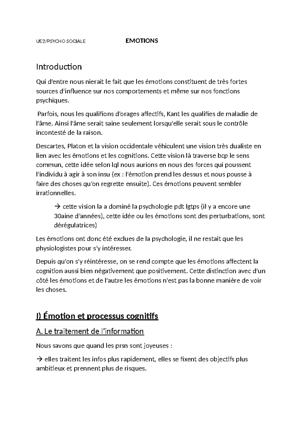 Cours émotions - UE2/PSYCHO SOCIALE EMOTIONS Introduction Qui d’entre ...