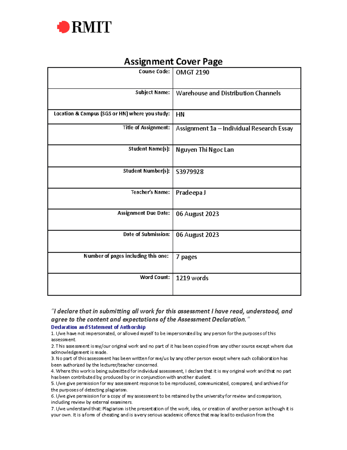 Essay-Nguyen Thi Ngoc Lan-s3979928 - Assignment Cover Page Course Code: OMGT 2190 Subject Name ...