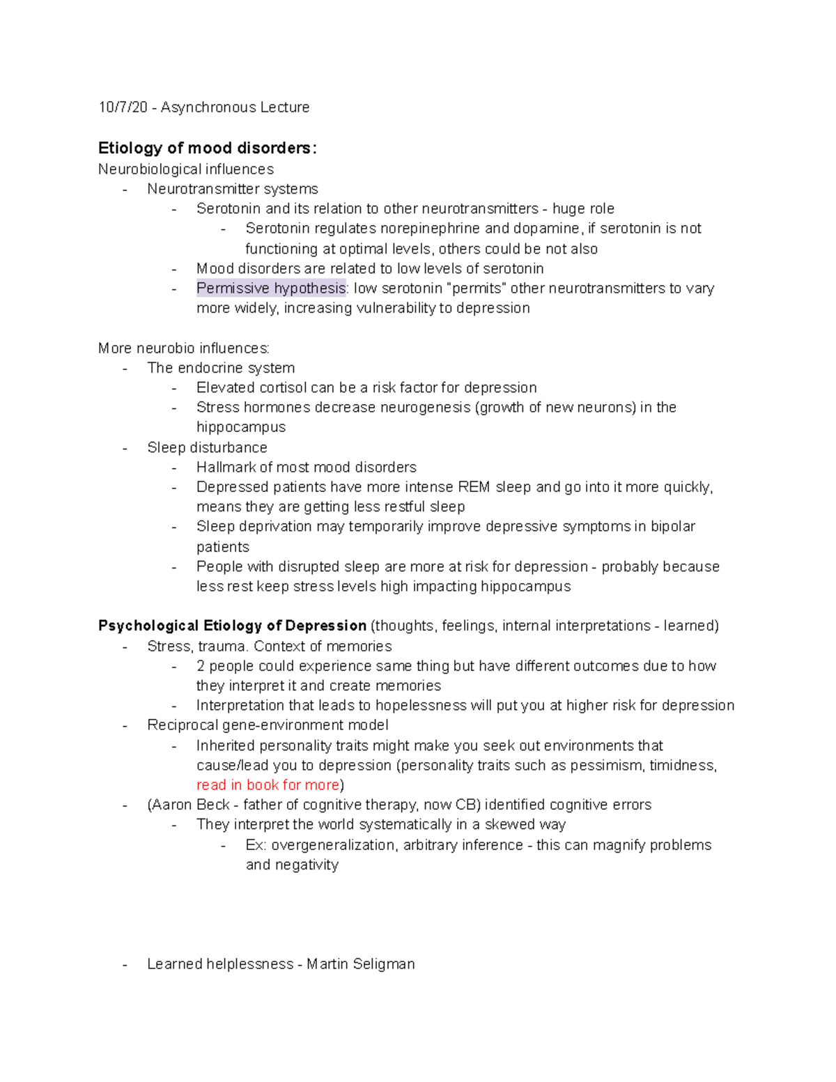 Lecture 11 Etiology of Mood Disorders (10 7) - 10/7/20 - Asynchronous ...