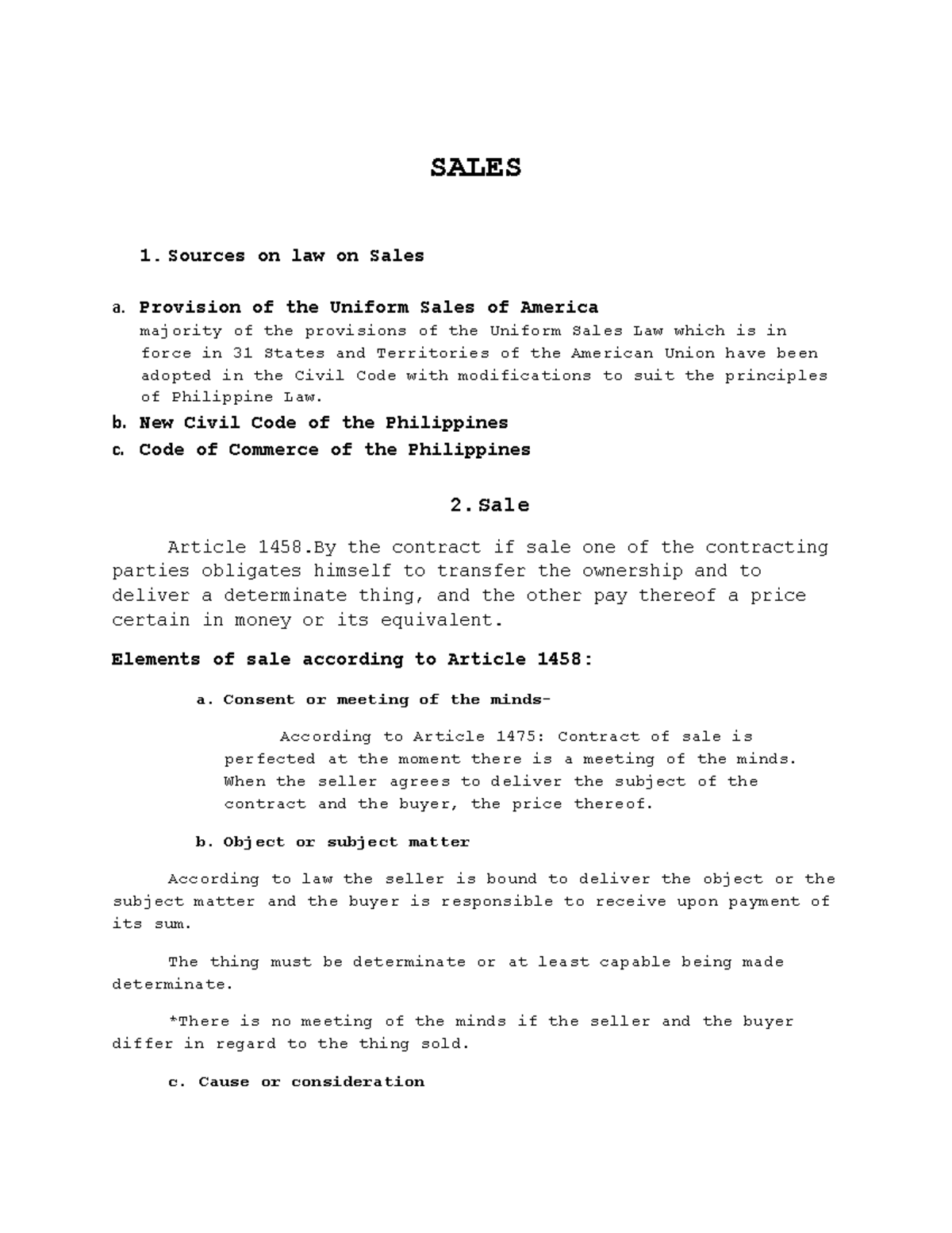 - Sales- Notes - SALES 1 on law on Sales a. Provision of the Uniform ...