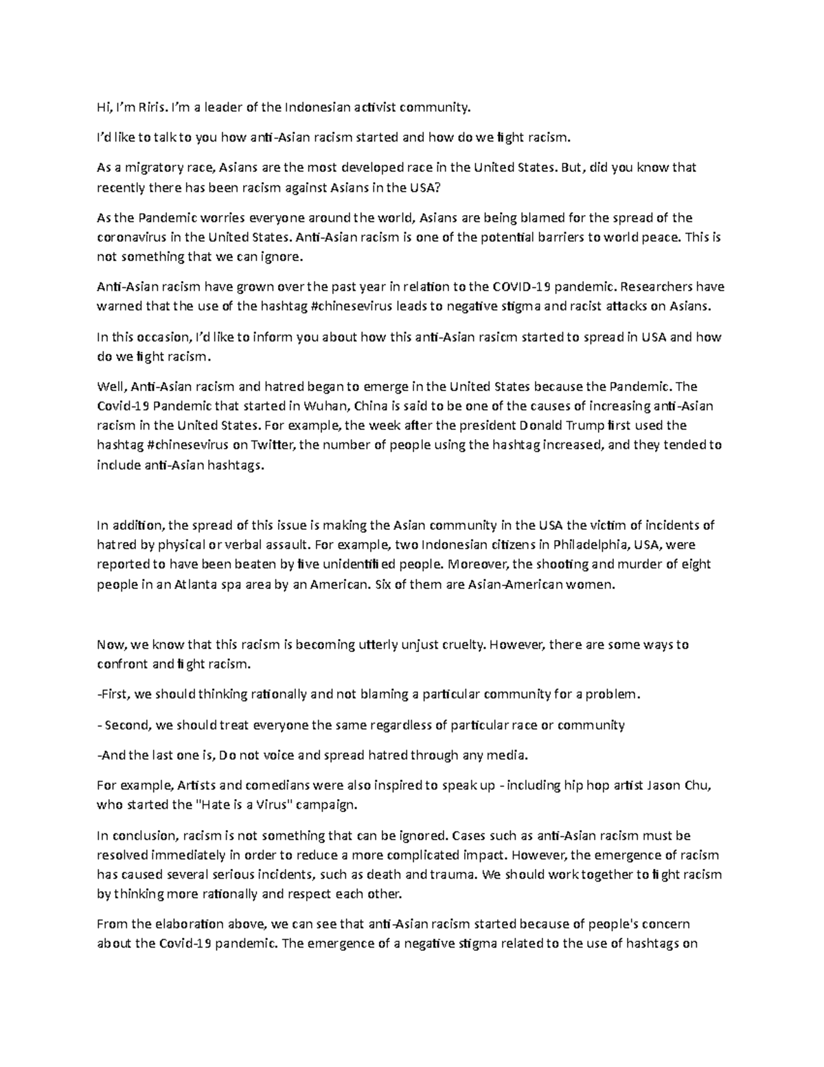 Anti-Asian Racism script - Hi, I’m Riris. I’m a leader of the ...