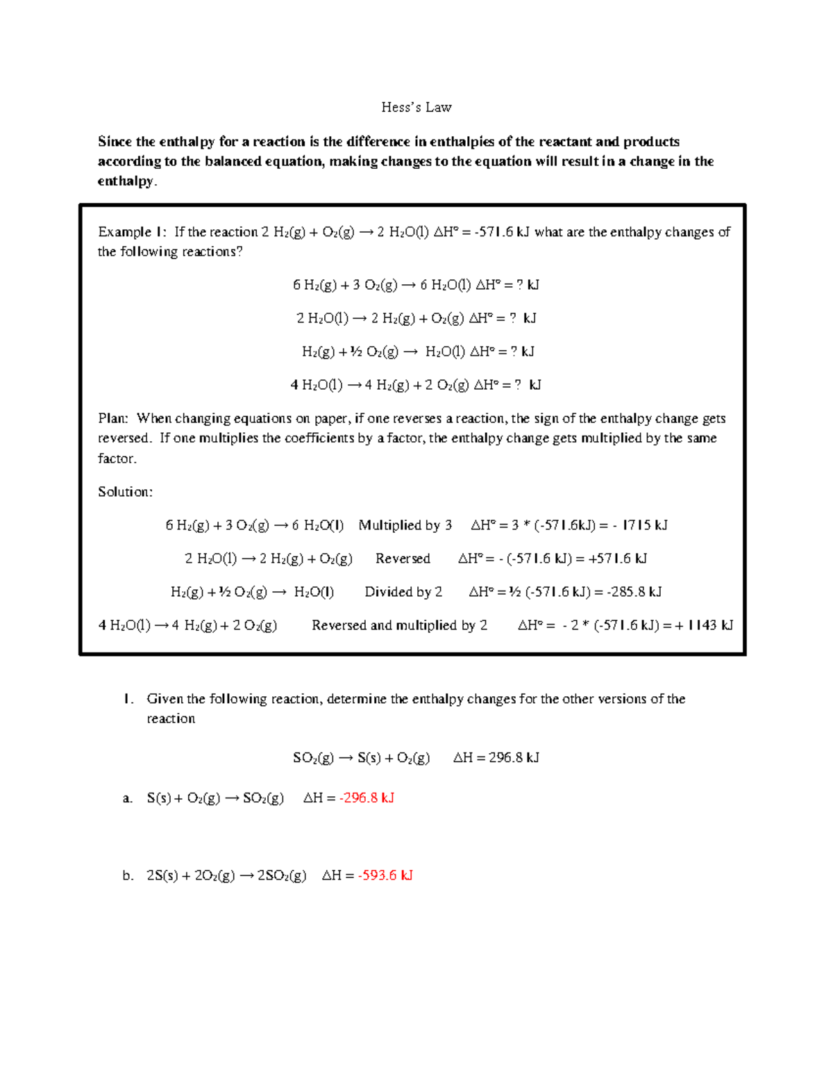 9.f Hess's Law Key - Homework - Hess’s Law Since the enthalpy for a ...