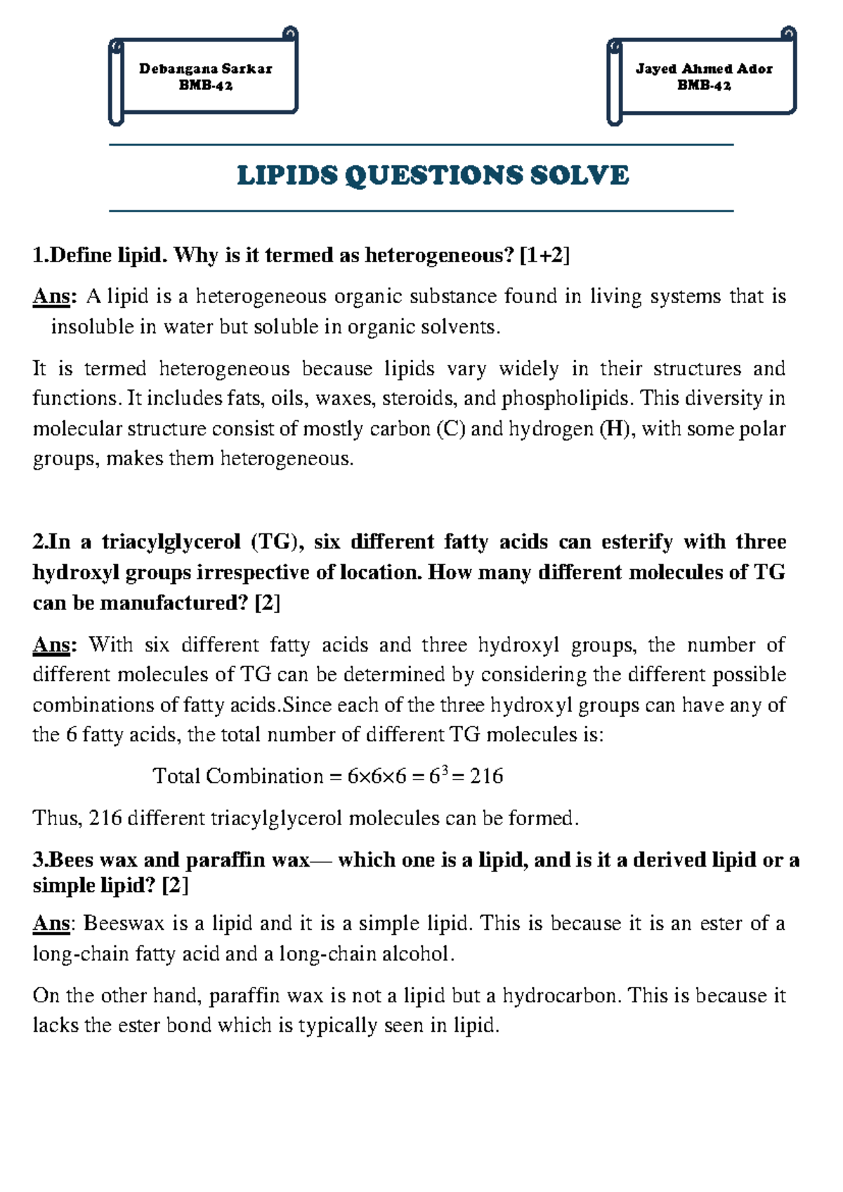Lipid Question Solve by Ador & Debangana - LIPIDS QUESTIONS SOLVE 1 ...