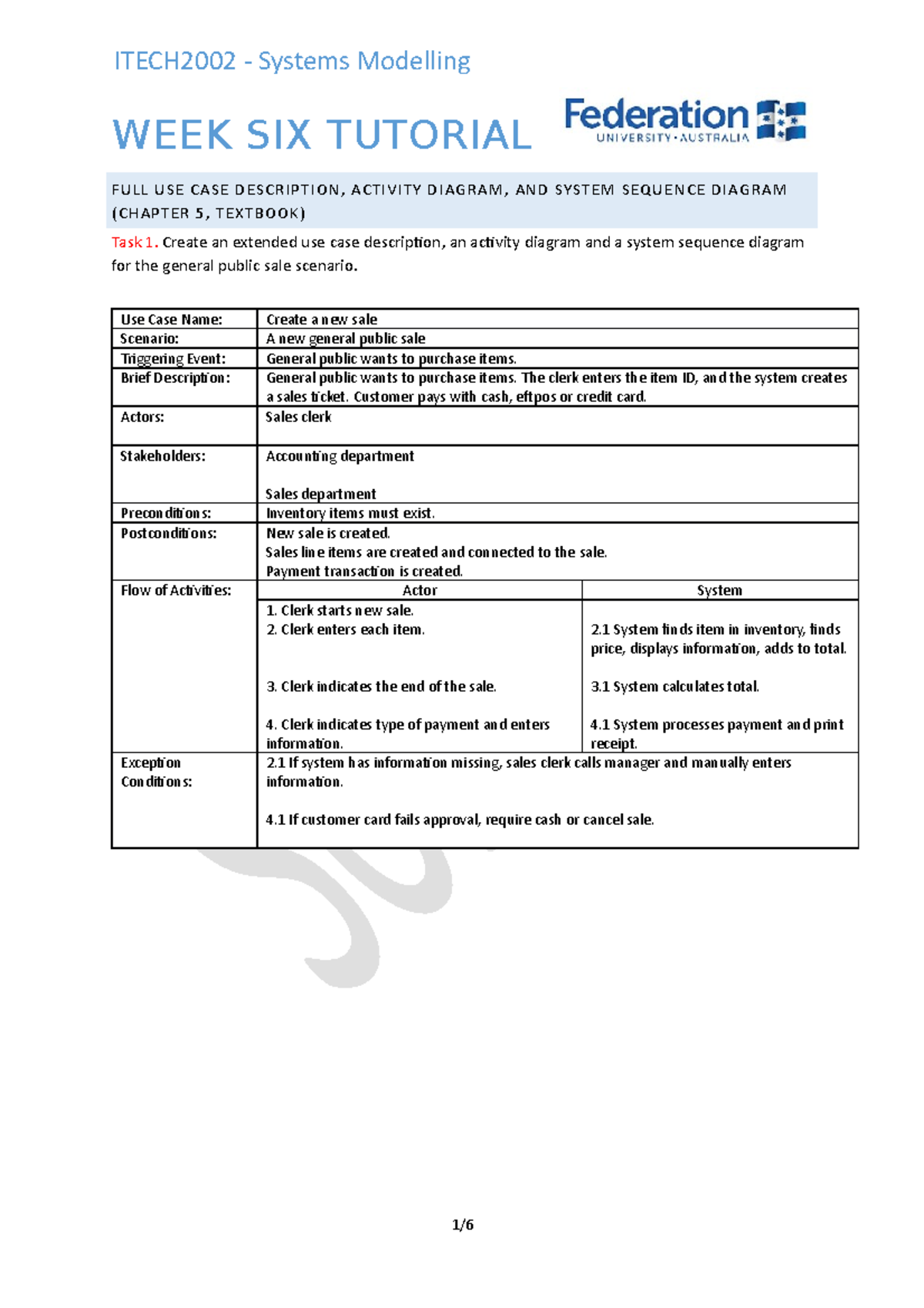 Itech2002 Tutorial Six Solution Week Six Tutorial Full Use Case Description Activity 