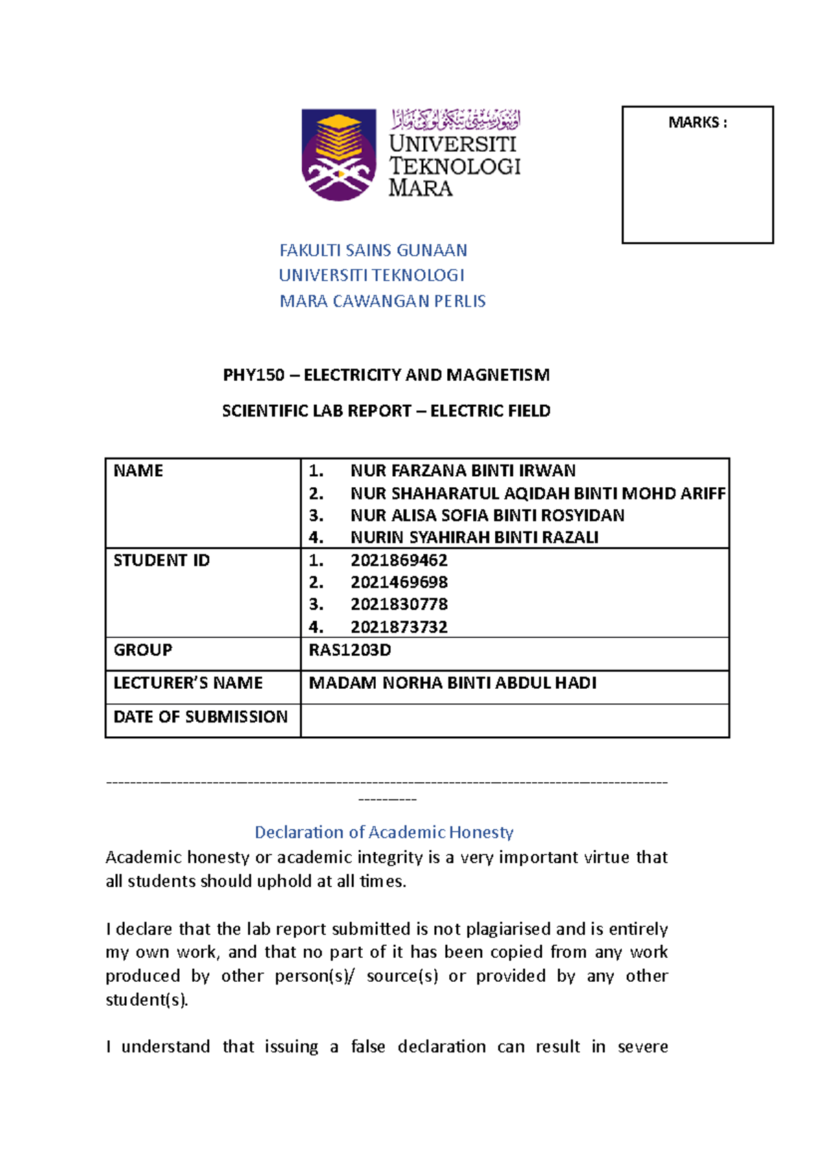 Lab 1 Electric Field LAB Report PHY150 - FAKULTI SAINS GUNAAN ...
