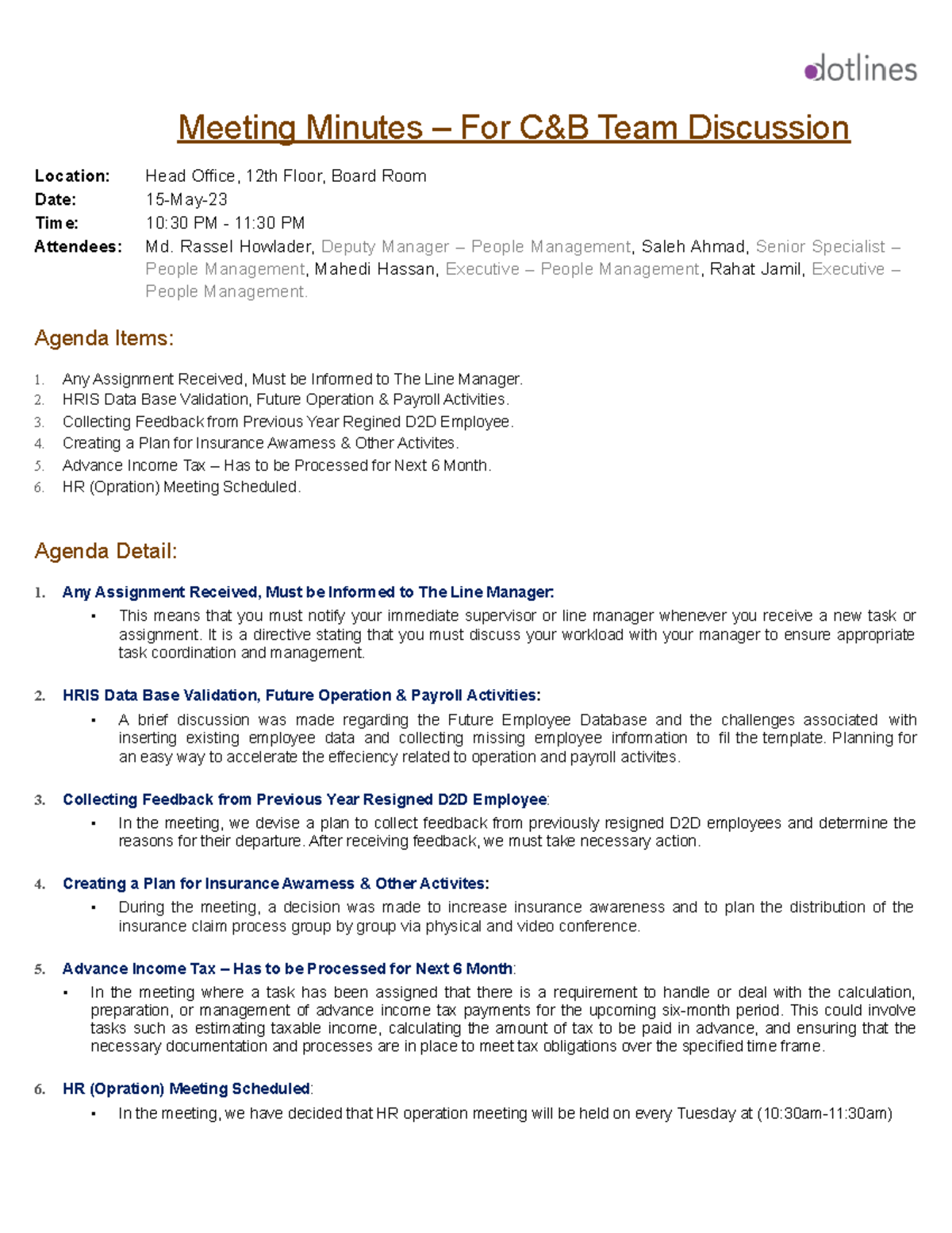 Minutes of Meeting - Meeting Minutes – For C&B Team Discussion Location ...