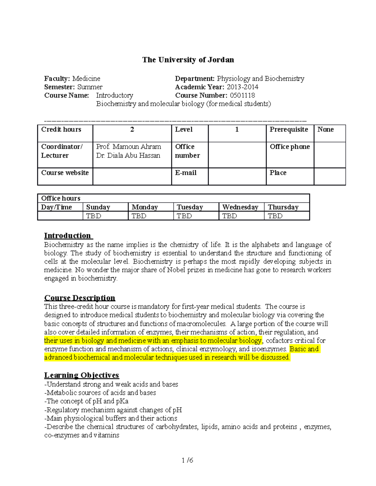 ILOs Syllabus Biochemistry and molecular biology for Medicine 2018 2019 ...