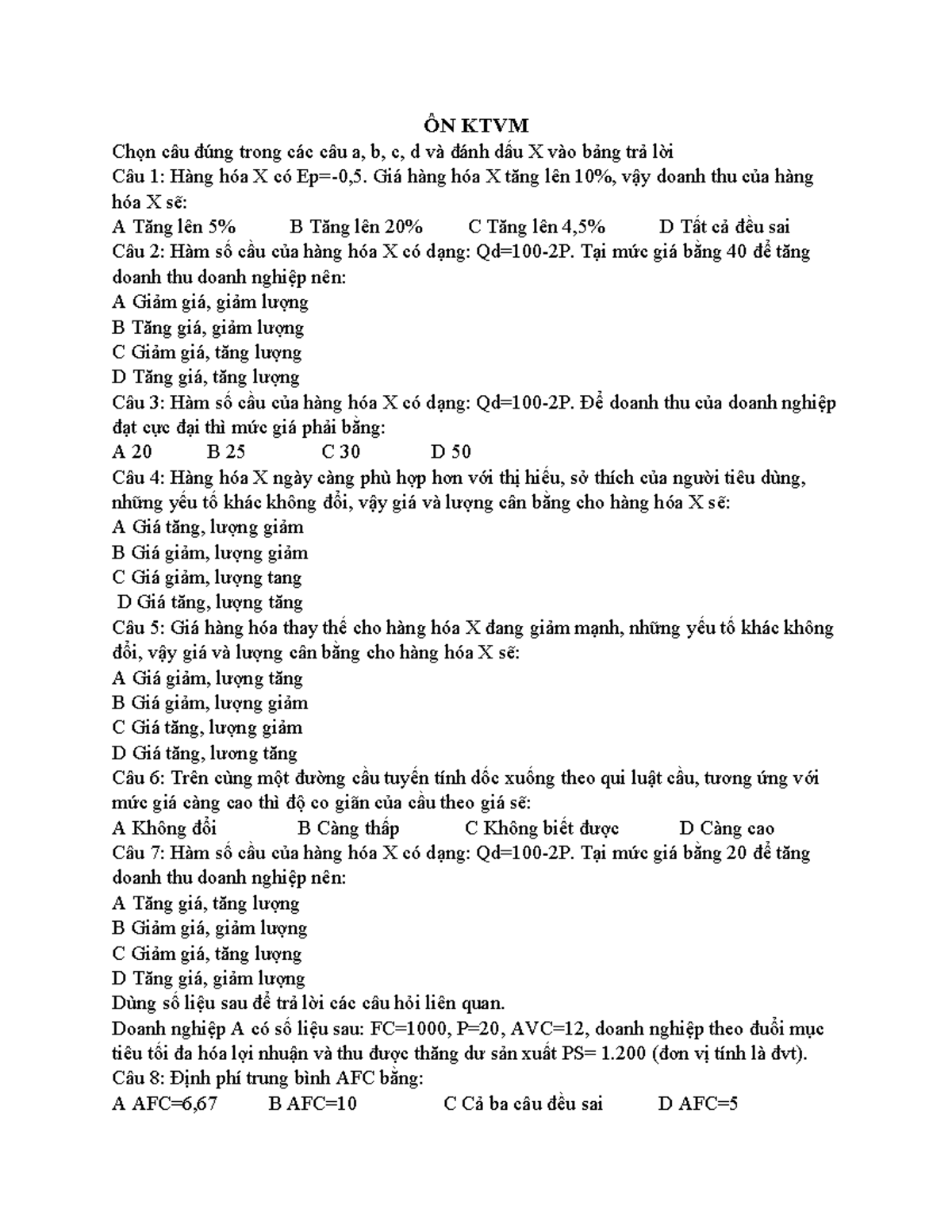 Ktvm - trắc nghiệm ktvm - ÔN KTVM Chọn câu đúng trong các câu a, b, c ...