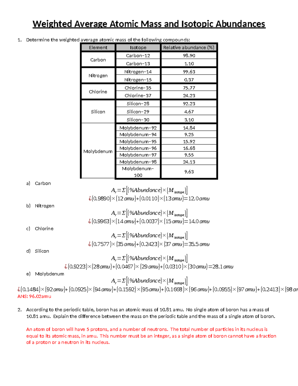 Chemistry AAM Worksheet - Weighted Average Atomic Mass and Isotopic ...