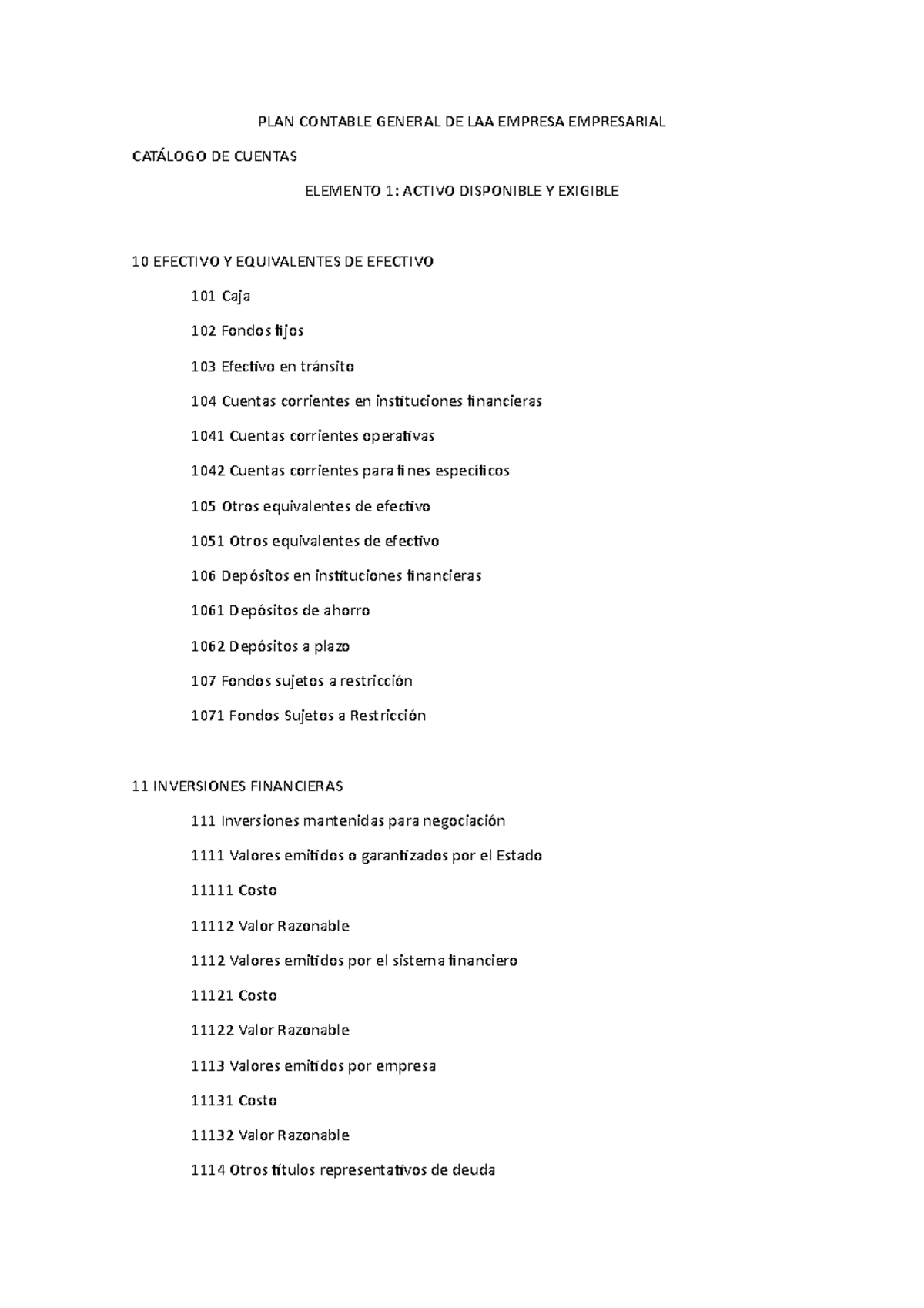 PLAN Contable General DE LAA Empresa Filamentos S.A - PLAN CONTABLE ...