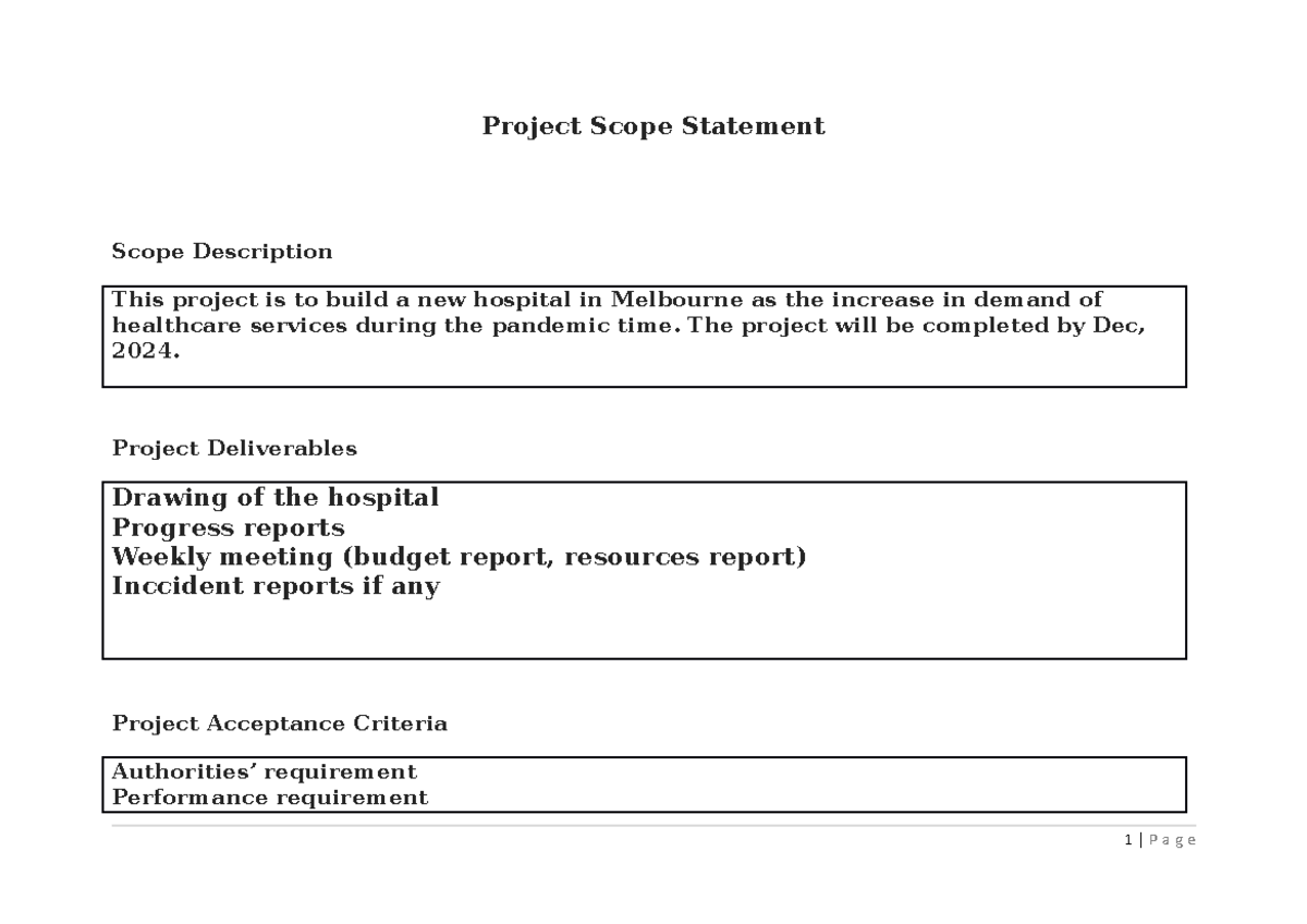 Project Scope Statement - Project Scope Statement Scope Description ...