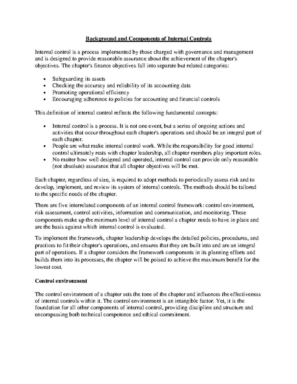 Chapter internal controls document - Background and Components of ...