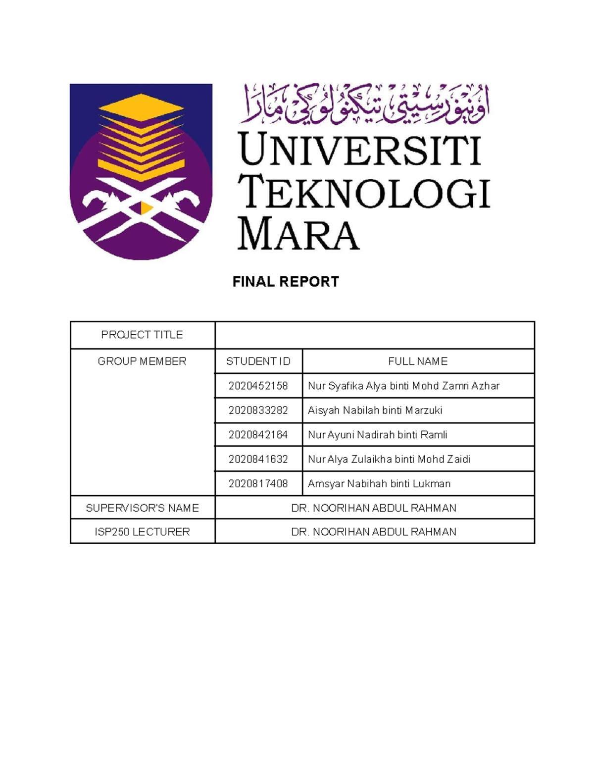ISP250 Final Report Group 2 - FINAL REPORT PROJECT TITLE GROUP MEMBER STUDENT ID FULL NAME - Studocu