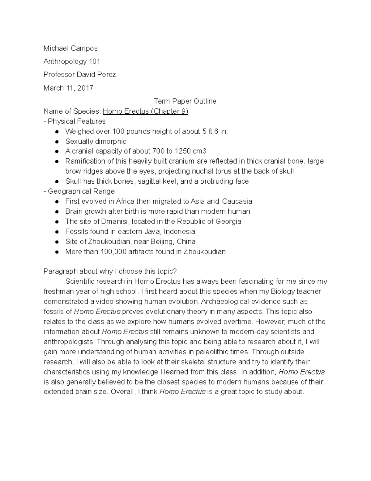 Term Paper Outline - Michael Campos Anthropology 101 Professor David ...