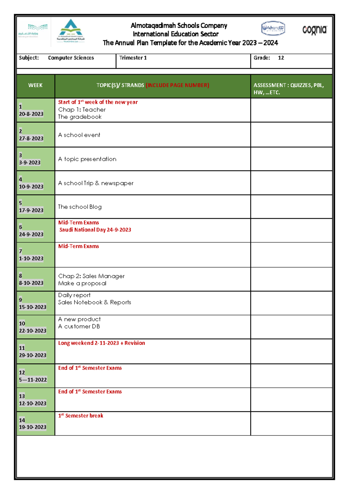 Computer Annual Plan Grade 12 (23-24) - Almotaqadimah Schools Company ...