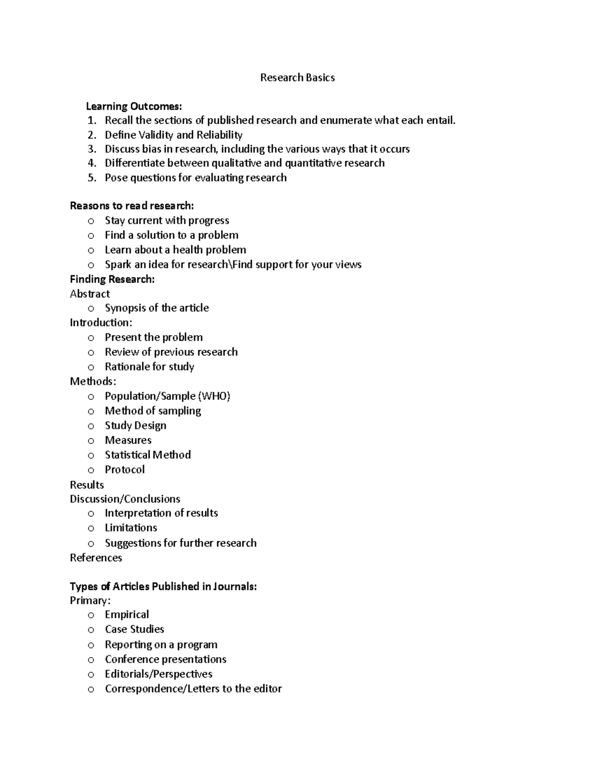 Research Basics - Research Basics Learning Outcomes: 1. Recall the sections of published ...