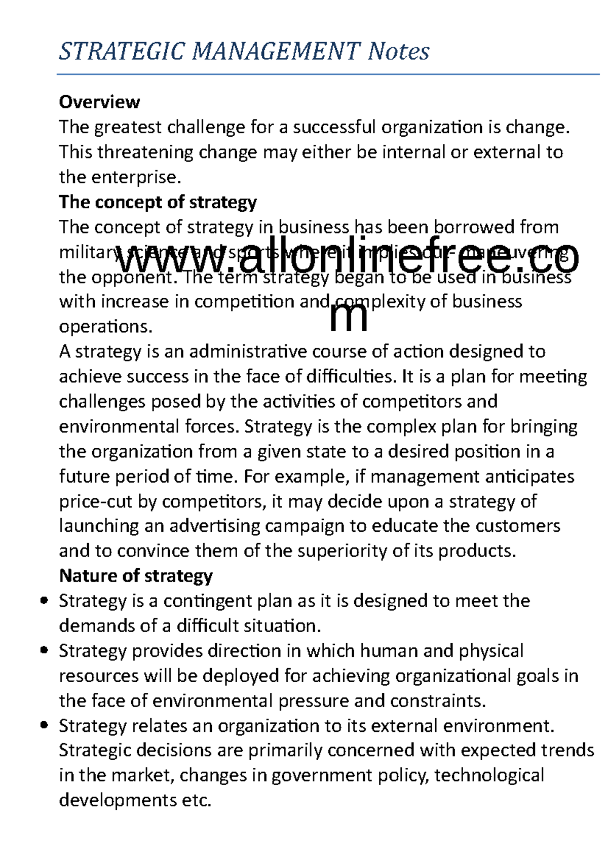 Strategic Management Notes PDF - STRATEGIC MANAGEMENT Notes Overview ...