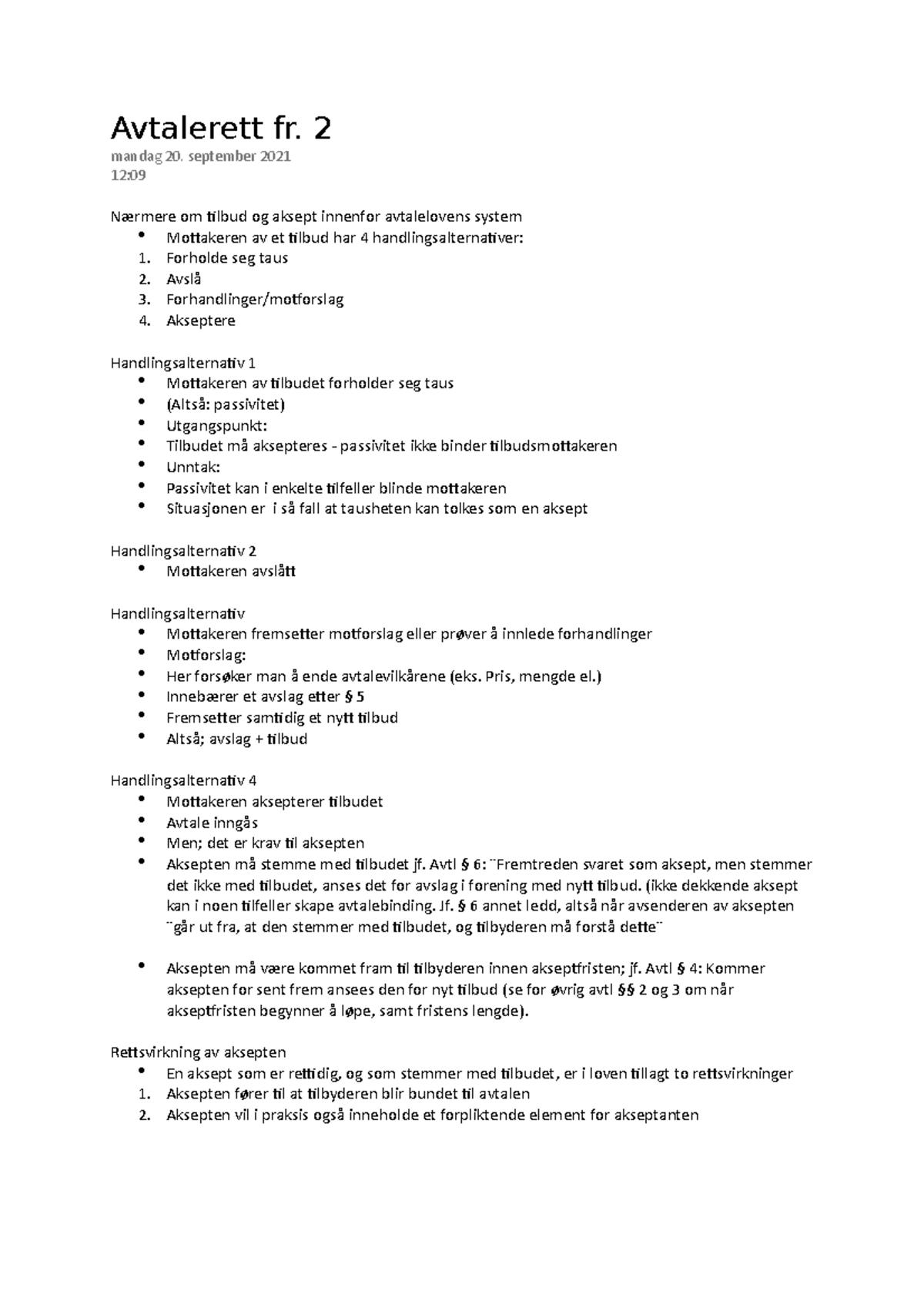 Avtalerett fr 2 - Forelesningsnotater - Avtalerett fr. 2 mandag 20. september 202112: Nærmere om ...