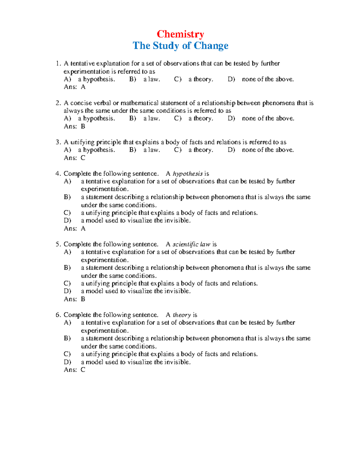 Chemistry The Study of Change - Chemistry The Study of Change A ...