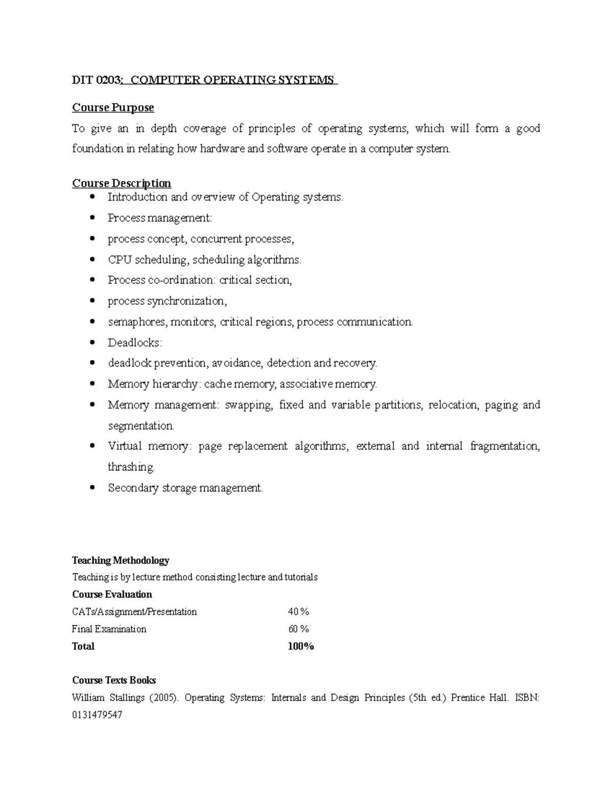Os course outline - Notes - DIT 0203: COMPUTER OPERATING SYSTEMS Course ...