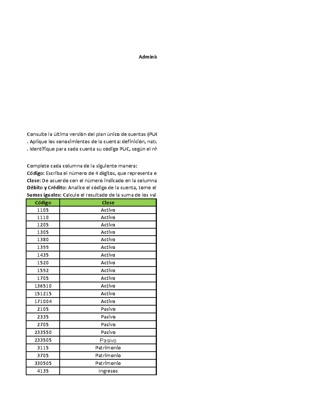 Balance - Complete cada columna de la siguiente manera: Código: Escriba ...