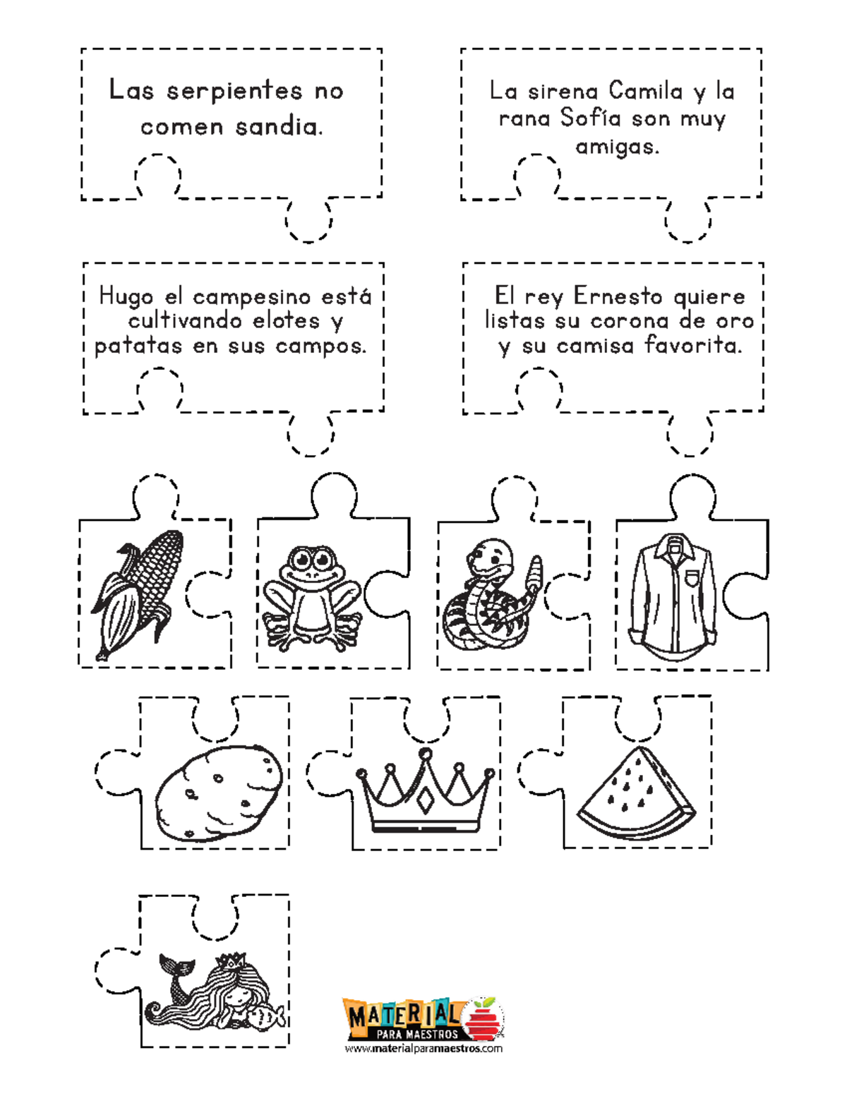 Rompecabezas de oraciones - Las serpientes no comen sandia. La sirena ...