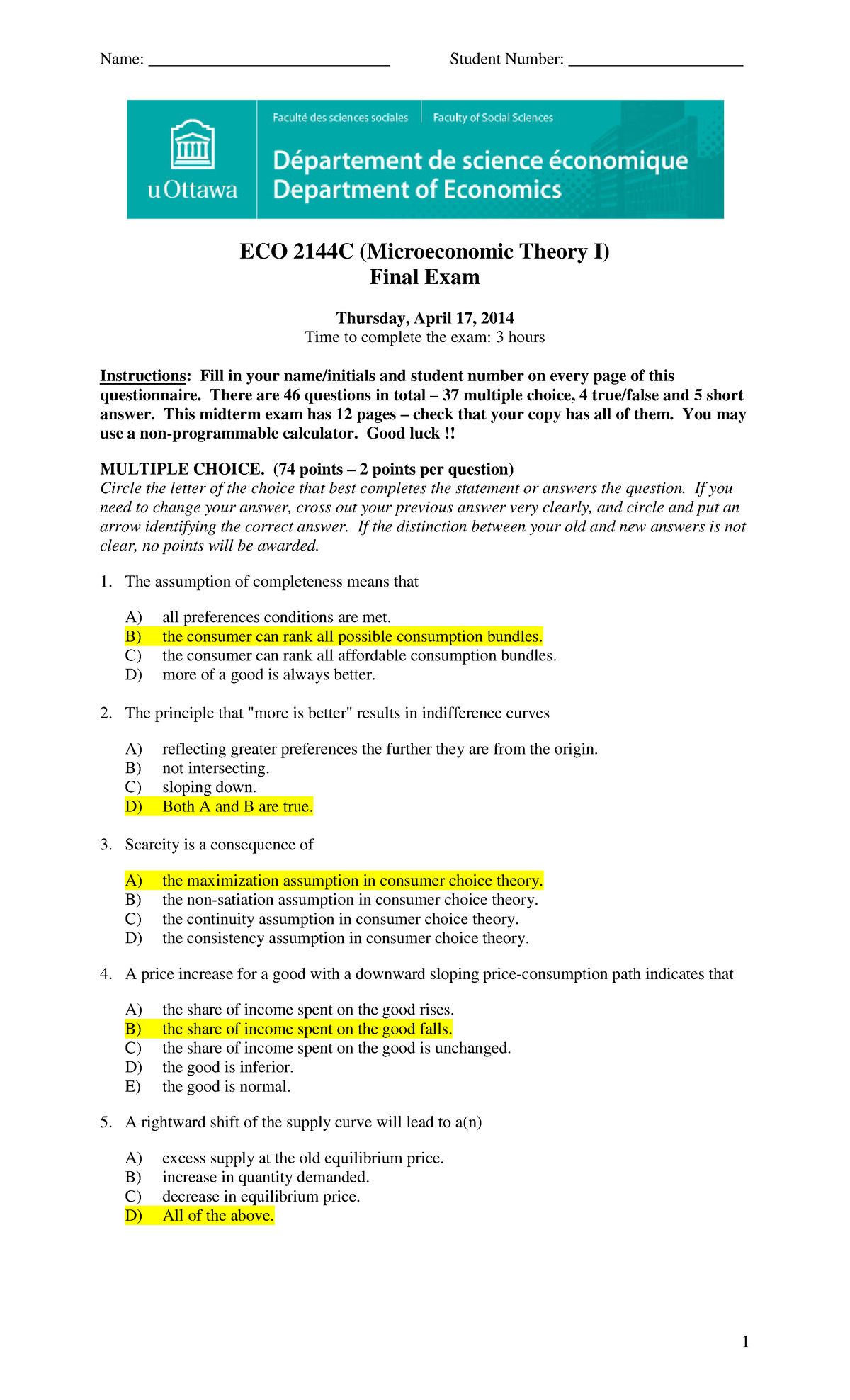 ECO2144 Final Winter 2014 Solutions - Name: _____________________________ Student Number: - Studocu