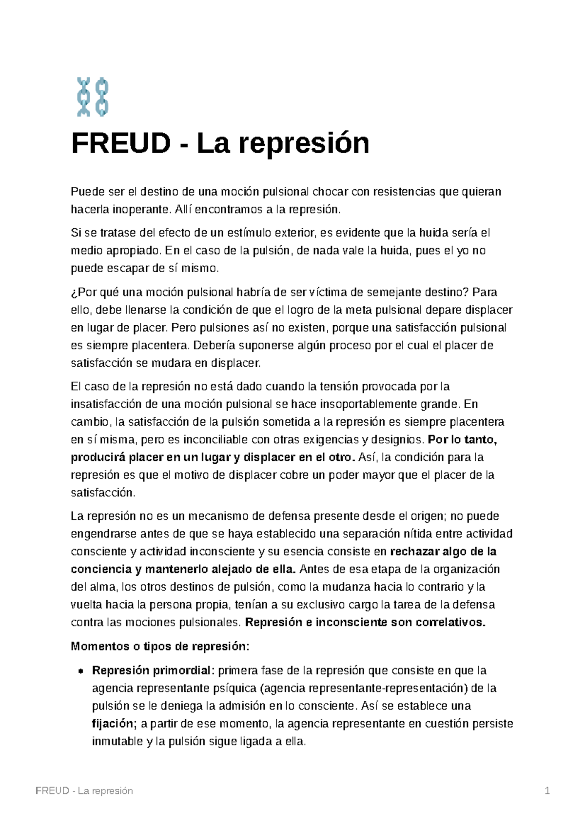 Freud - La represin - ⛓ FREUD - La represión Puede ser el destino de ...