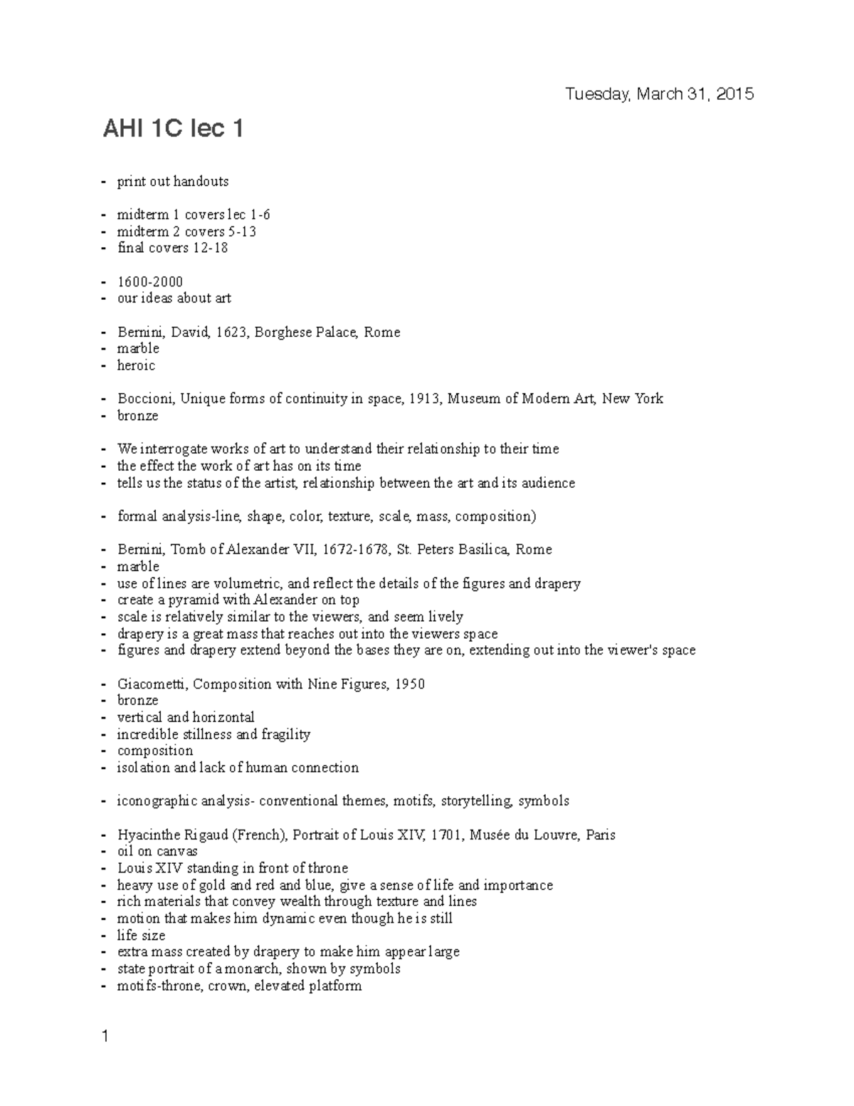 AHI 1C lec 1 - Lecture notes 1 - Tuesday, March 31, 2015 AHI 1C lec 1 ...