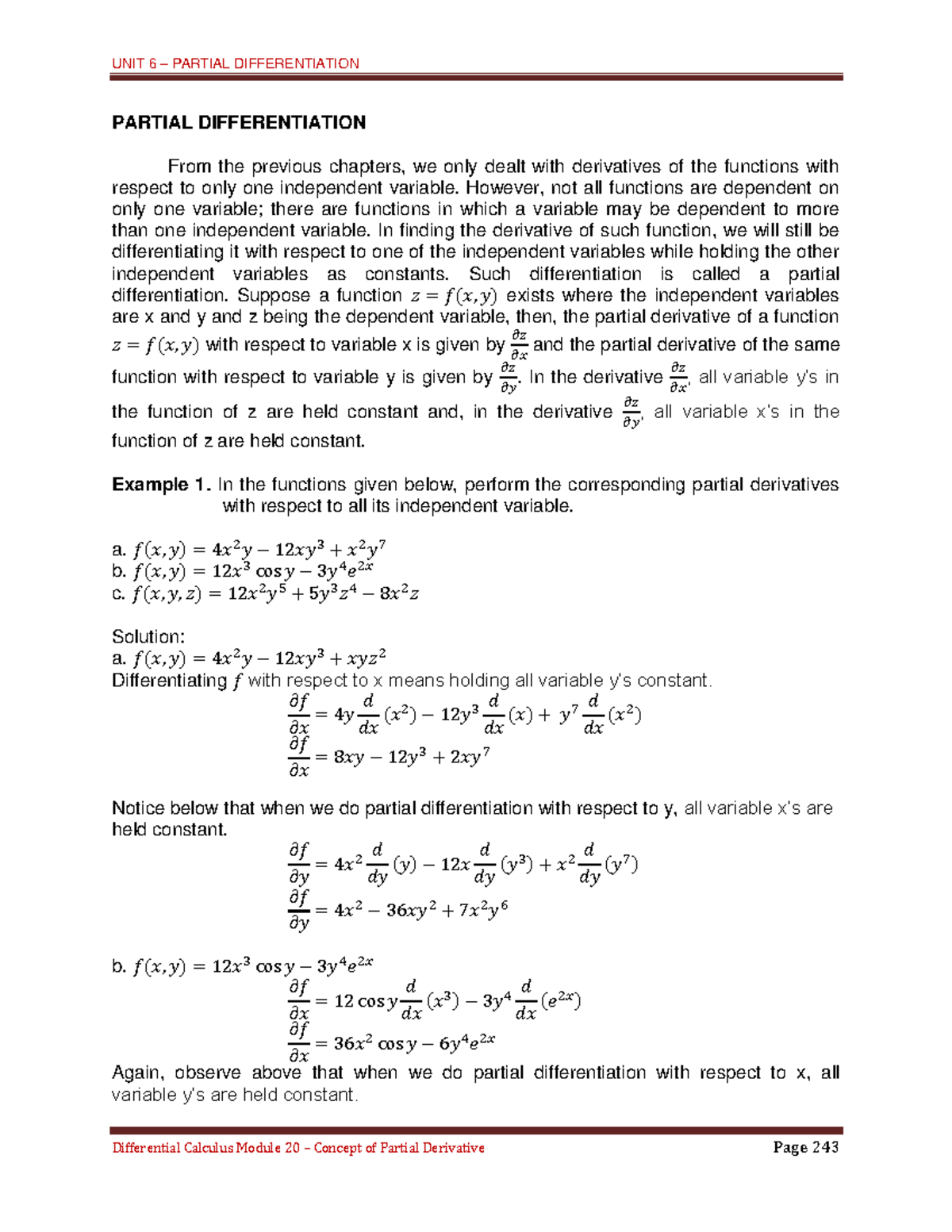 UNIT 6 Module 20 - Partial Differentiation - PARTIAL DIFFERENTIATION From the previous chapters ...