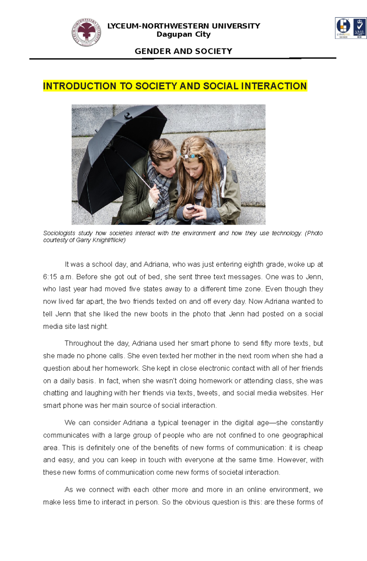 Letter - ACT - Dagupan City GENDER AND SOCIETY INTRODUCTION TO SOCIETY ...