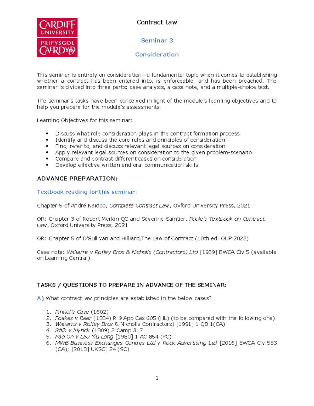 22-23 Contract Law Seminar 3 Questions(1) - Contract Law Seminar 3 ...